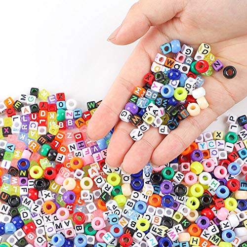 Quefe 1400pcs Beads Kit Letter Beads and Large Hole Beads in 6 Styles with 50 Meters Elastic String Assorted for DIY Bracelets, Necklaces, Key Chains and Other Jewelry Making