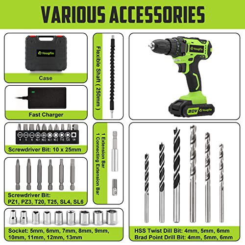 Yougfin Cordless Drill Set, 20V Power Drill Kit with Battery and Charger, 3/8" Keyless Chuck, Variable Speed, 25+1 Torque Setting, 34pcs Accessories Electric Drill Driver