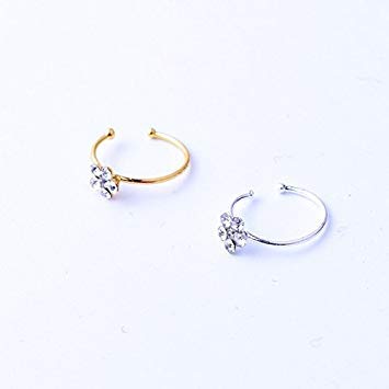 Qiaoying Silver Gold Thin Diamond Flower Clear Crystal Nose Ring Stud Hoop-Sparkly Crystal Nose Ring (2 pcs)