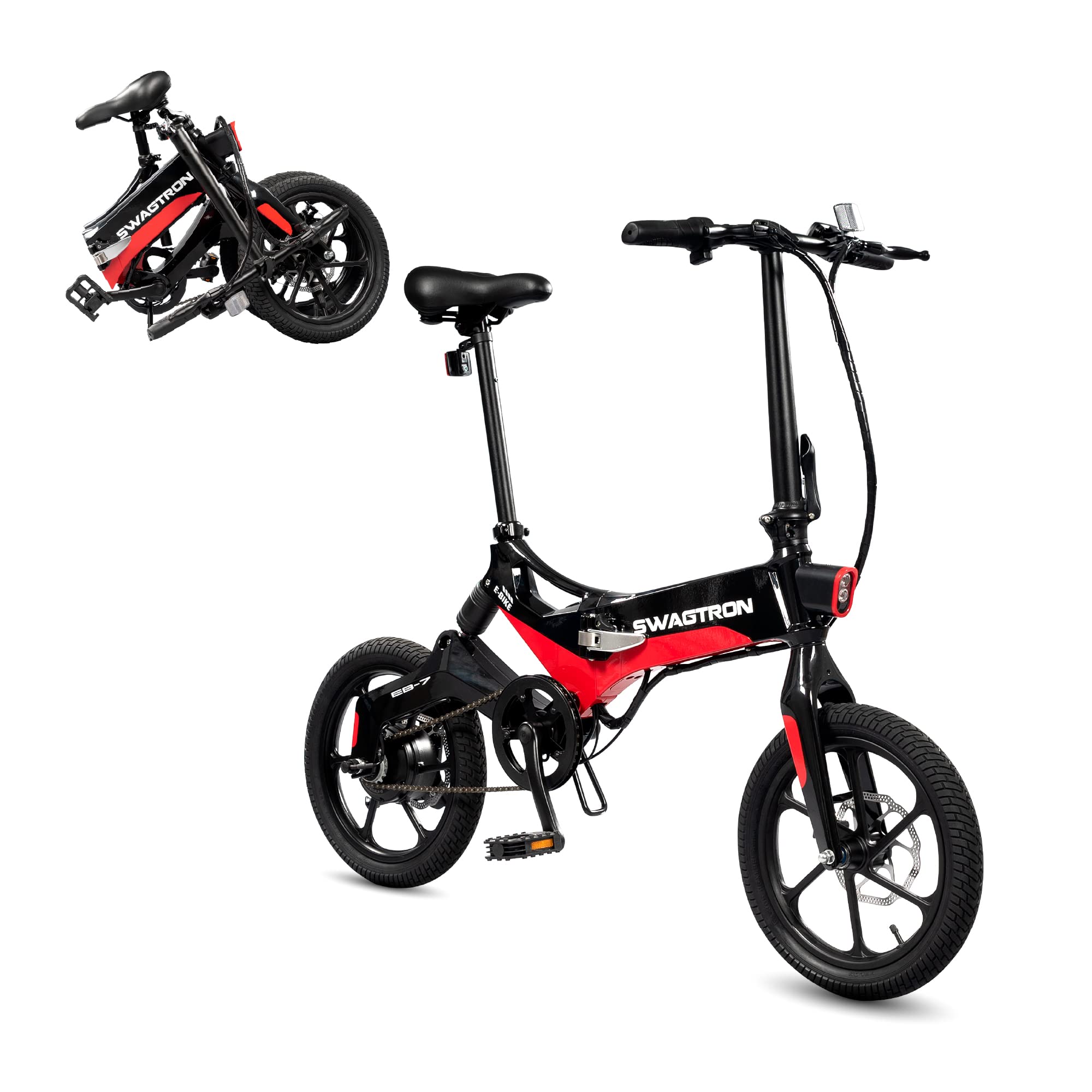 Swagtron Swagcycle EB-7 Elite Folding Electric Bike with Removable Battery and Rear Suspension, Red/Black, 16" Wheels