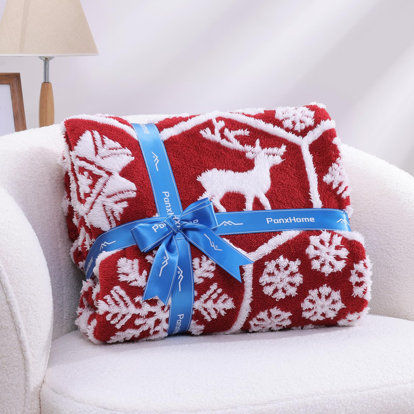 PanxHome Sherpa Blanket, Warm Thick Blanket for Winter, Reversible Soft Snowflake Blanket, Cozy Christmas Throw Blanket for Couch, Sofa, Bed, 50"x60", 520GSM