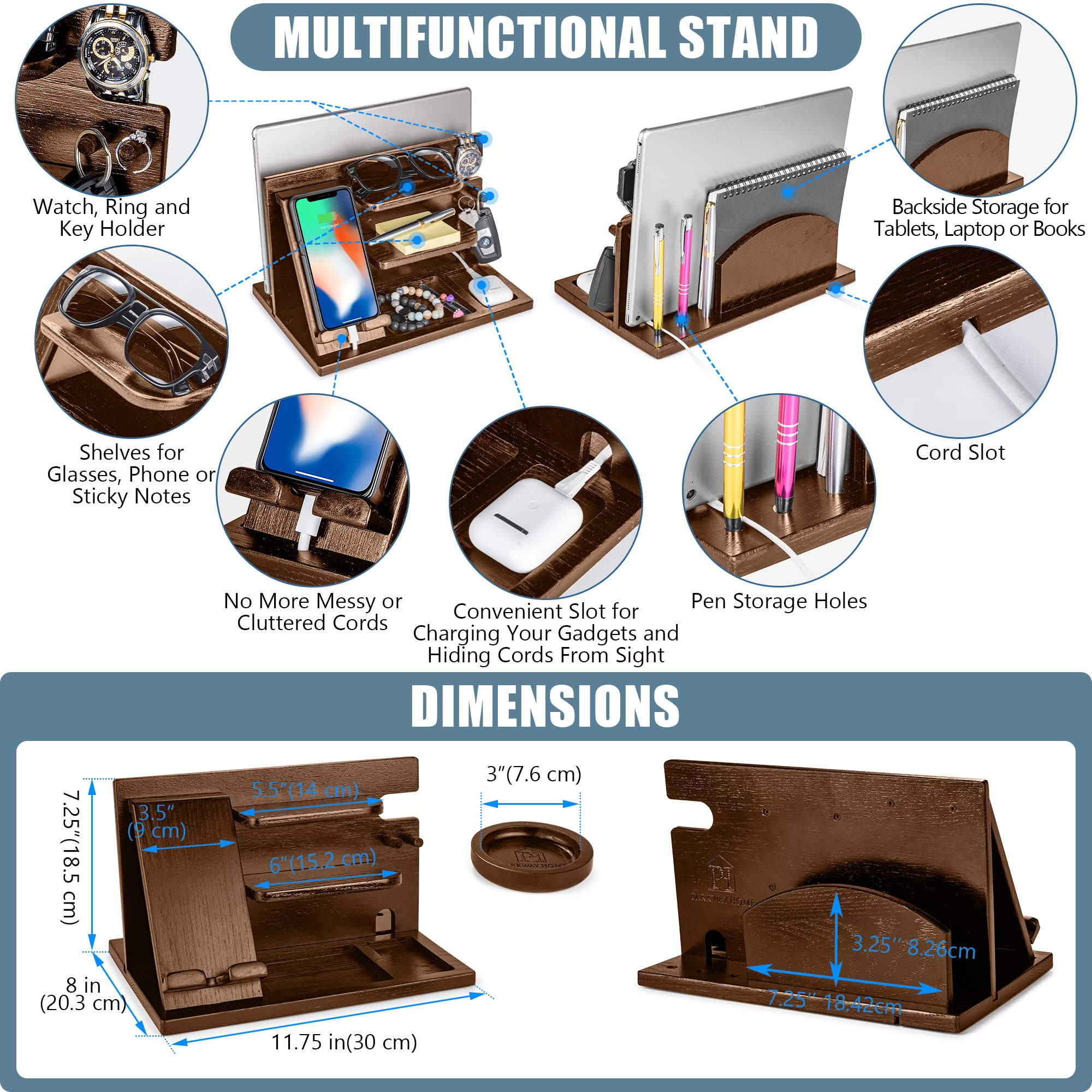 Wooden Docking Station with Laptop Compartment & Coaster! Ash Wood Tray, Bedside Caddy Nightstand Organizer, Entryway Organizer Key Tray, Desk Organizer Valet Tray for Men & Women (Brown, No Drawer)