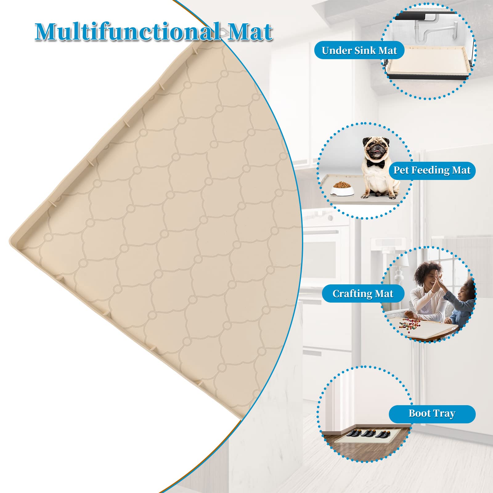 Under Sink Mat for Kitchen Waterproof, 34" x 22" Undersink Mats for Bottom of Bathroom Sink with Drain Hole, Waterproof Kitchen Bathroom Under Sink Tray and Protector for Drips Leaks Spills, Beige