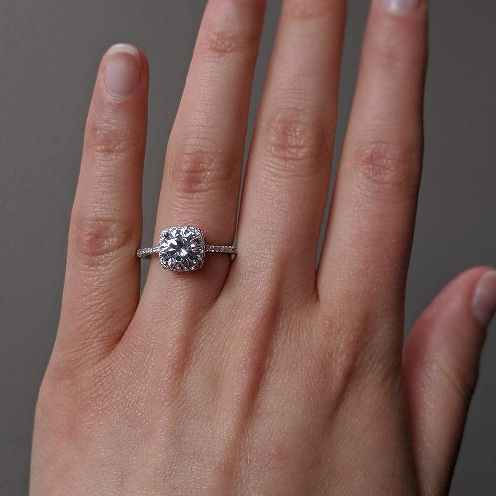 TwoBirch Classic Round Halo Solitaire Engagement Ring with 18k White Gold Plated Sterling Silver and Cubic Zirconia (Size 10)