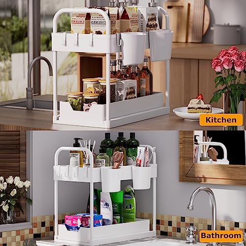 Under Sink Organizer, 2 Tier Sliding Bathroom Organizer Cabinet Storage with Hooks, Hanging Cups, Handles, Multi-purpose Under Sink Shelf Organizer for Bathroom Kitchen(1 Pack)