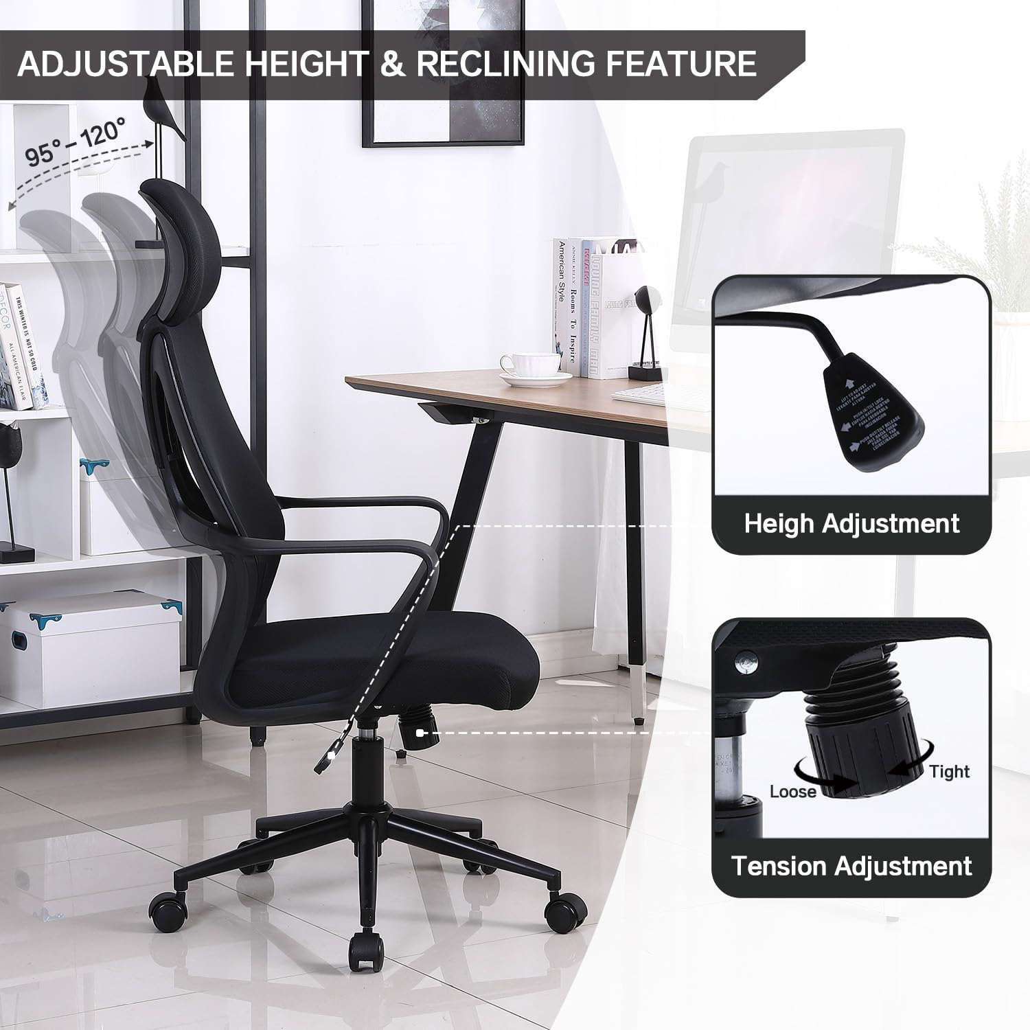 Nusetx Ergonomic Office Desk Chair - High-Back Adjustable Height Computer Chair with Lumbar Support, Armrests, Headrest, and Reclining Function, Swivel Executive Task Chair, Black