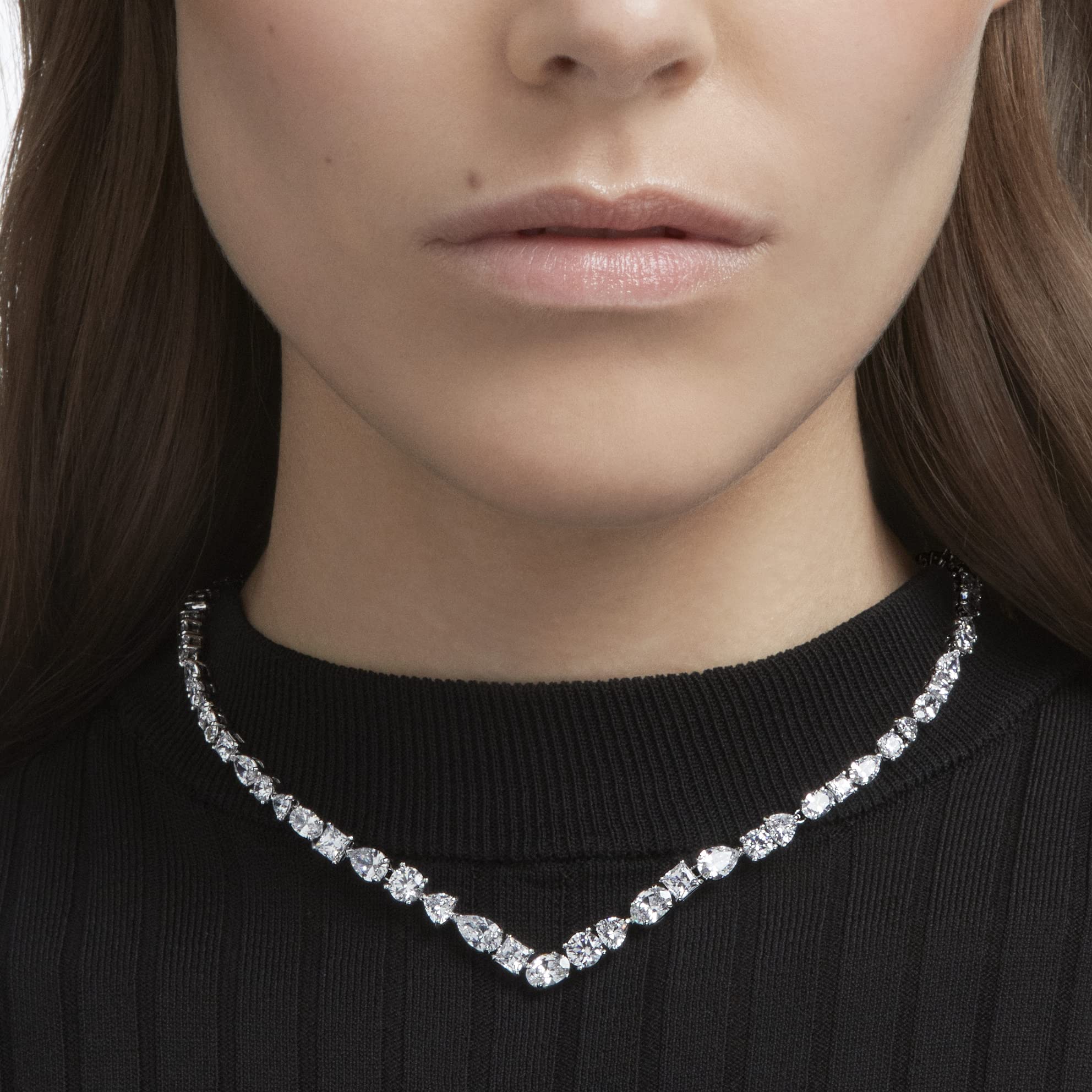 SWAROVSKI Tennis Deluxe All-Around Tennis Necklace with Round, Square and Pear-Shaped Clear Crystals on a Rhodium Plated Setting