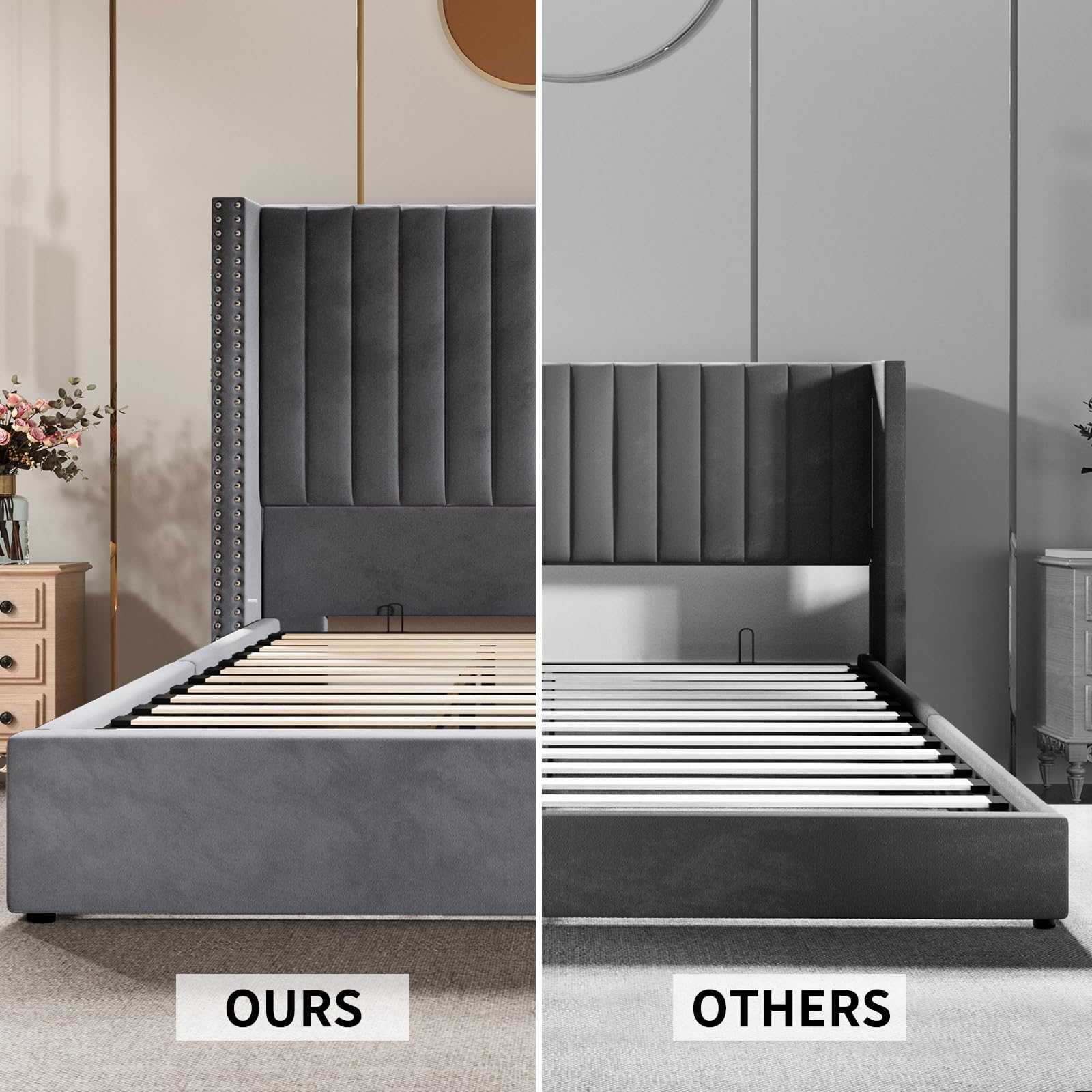 PaPaJet Queen Size Velet Upholstered Bed Frame Lift Up Storage Bed, Morden Wingback Bed Frame Platform with Storage Underneath/No Box Spring Needed/Easy Assembly/Grey