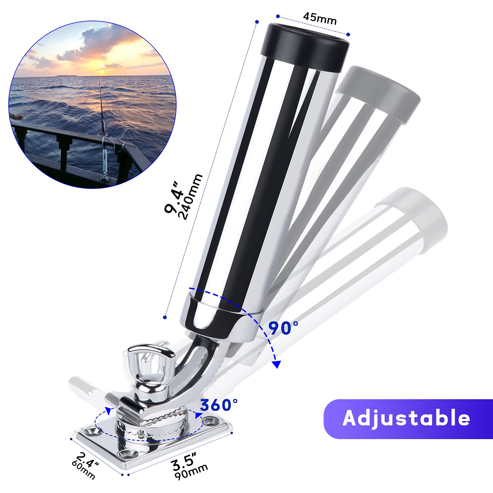 smartmarine 316 Stainless Steel Boat Fishing Rod Holder 360 Degree Rotation Outrigger Fishing Pole Support