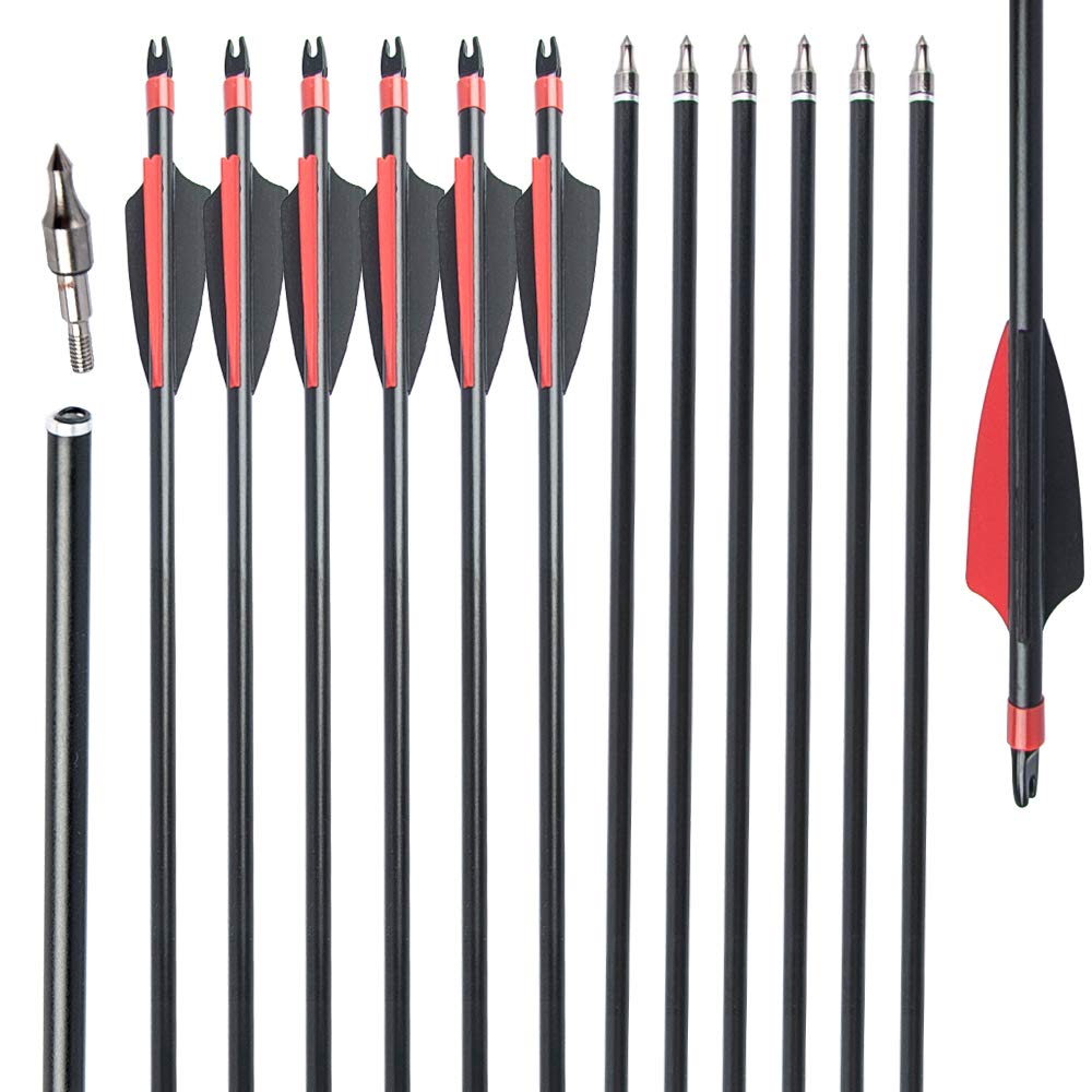 TOPOINT ARCHERY 30inch 8mm Fiberglass Hunting Practice Arrows with Replaceable Arrowhead Spine 500 for Recure and Compound Bow Target (Pack of 12) (2 Black 1 red vanes)