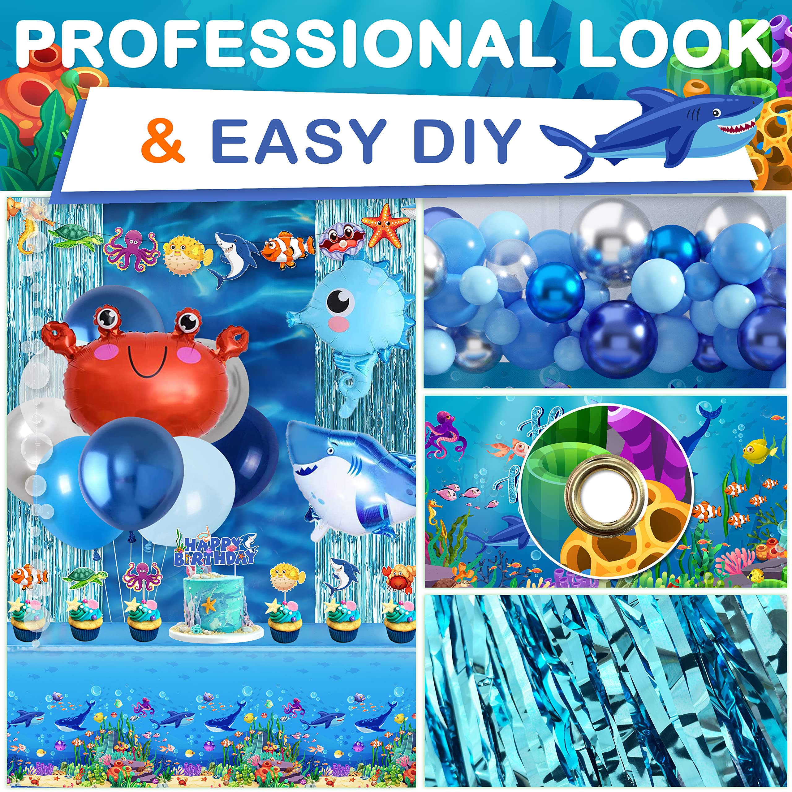 Under the Sea Party Decorations 98Pcs, Ocean Theme Birthday Party Supplies Include Backdrop Tablecloth Bubble Garlands Cake Topper Ocean Animals Balloons for Pool Beach Party Baby Shower (Ocean-01)
