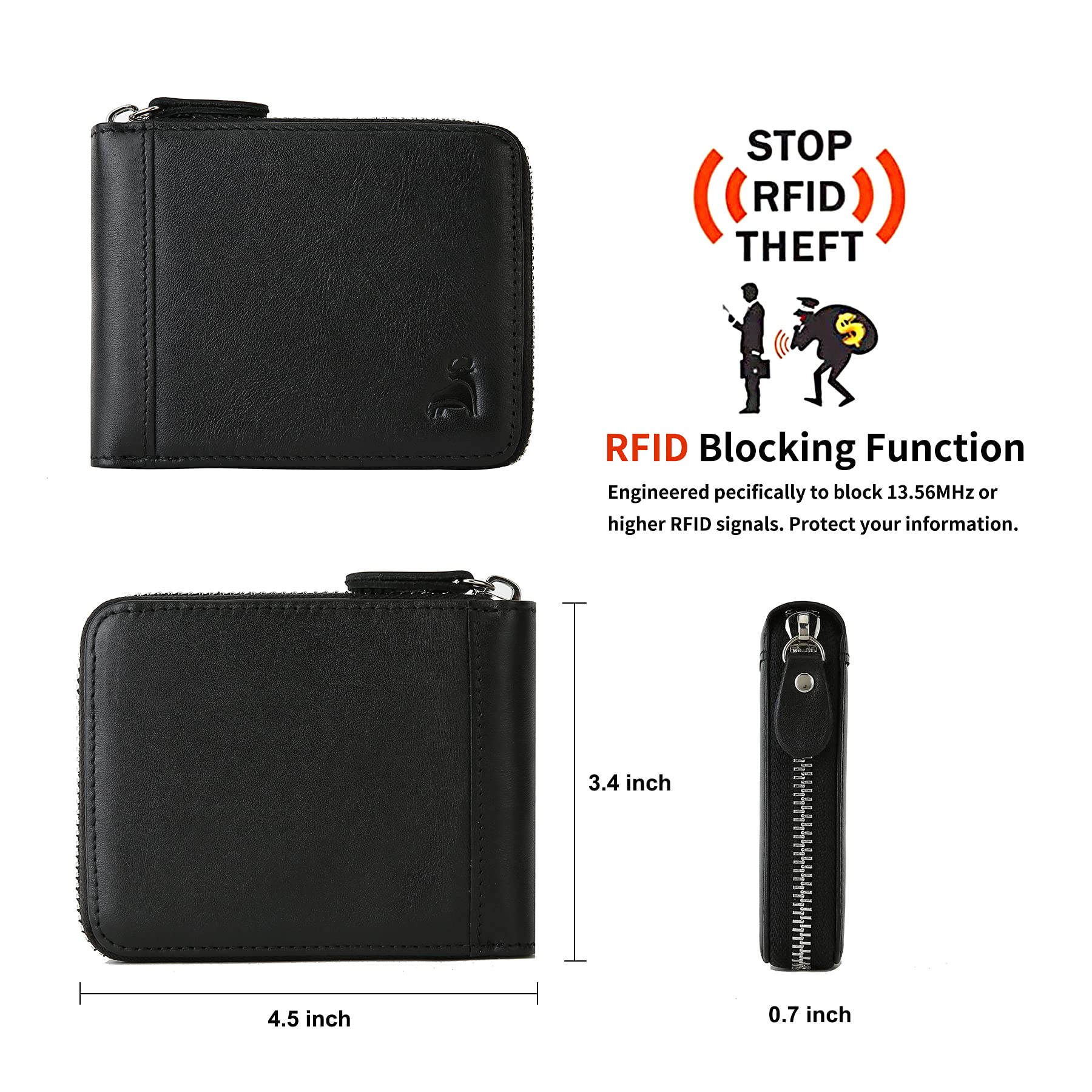 Slim Zipper Wallets For Men RFID Leather Mens Bifold Creidt Card Holder Zip Around Wallet With Coin Pocket