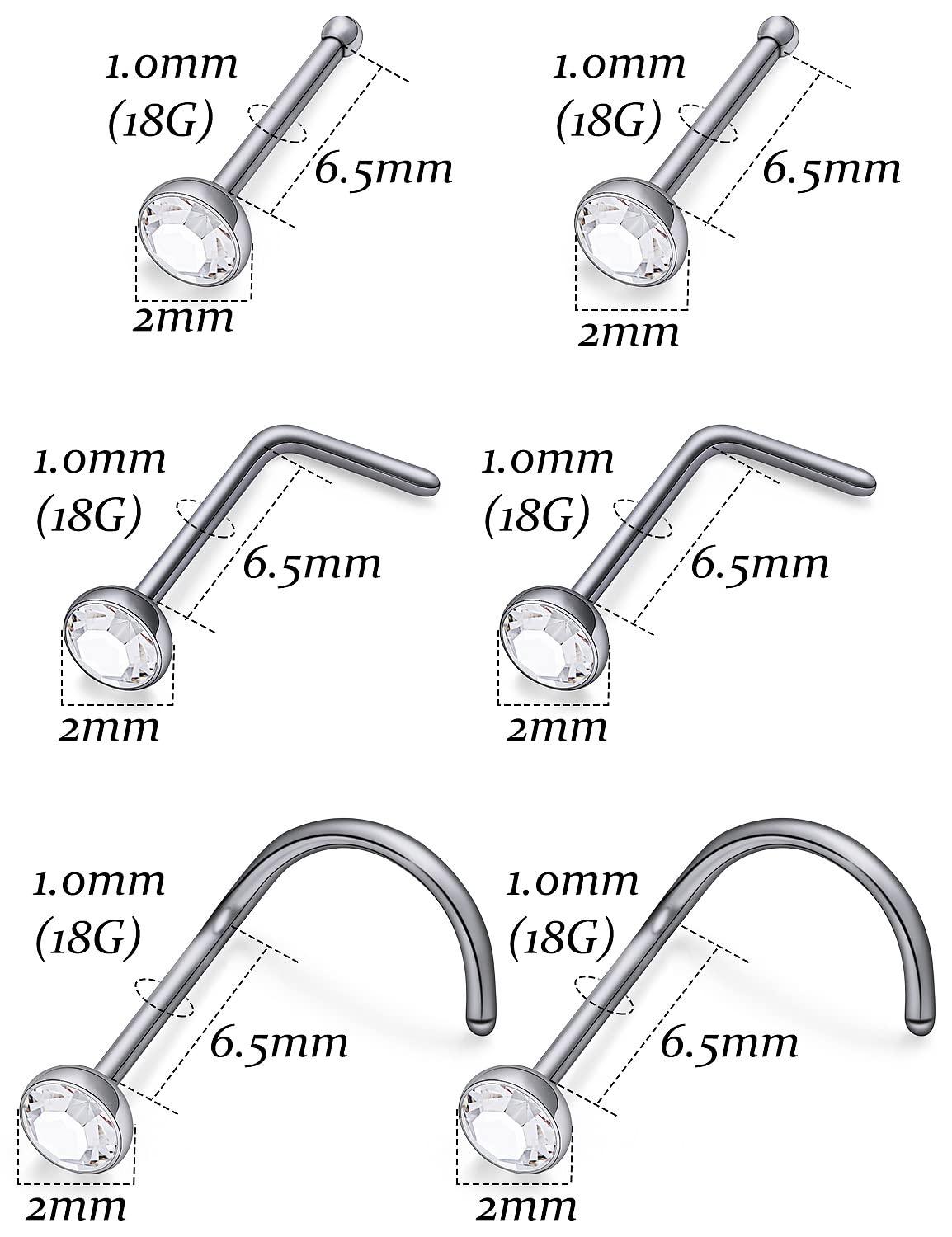 Vsnnsns G23 Titanium Nose Rings for Women 18G Bone L Shaped Nose Studs Screw Nose Rings CZ 2mm Titanium Nose Piercing Jewelry for Men 6Pcs
