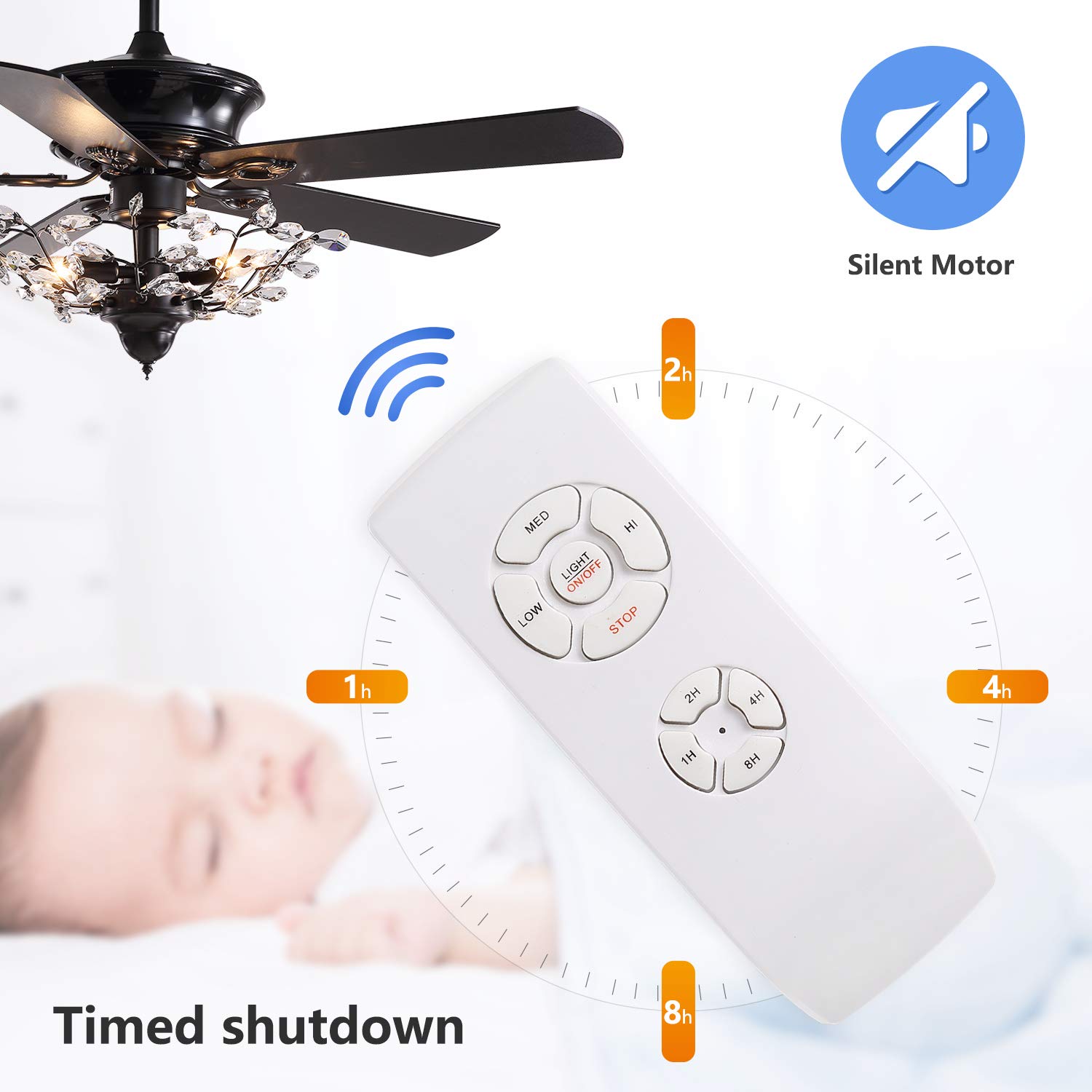 Siljoy 50" Reversible Crystal Ceiling Fan with Lights, Black Branches Ceiling Fan, 5 Wood Blades, Remote Control, Elegant Vintage Indoor Chandelier Fan Light Kit for Bedroom Dining Room