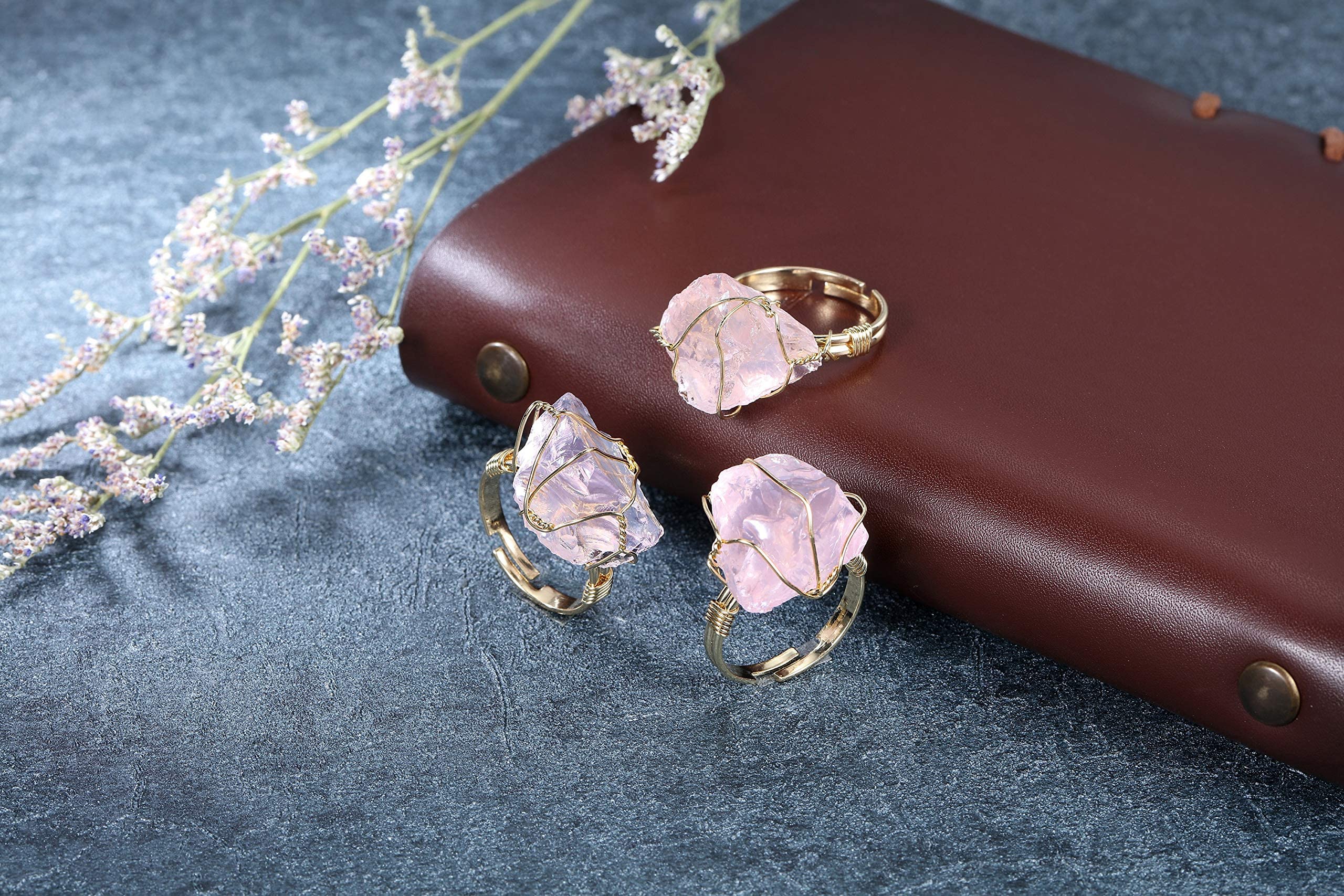 Top Plaza Healing Crystal Rose Quartz Rings for Women Handmade Wired Wrapped Irregular Gemstone Rings Golden Adjustable Rings