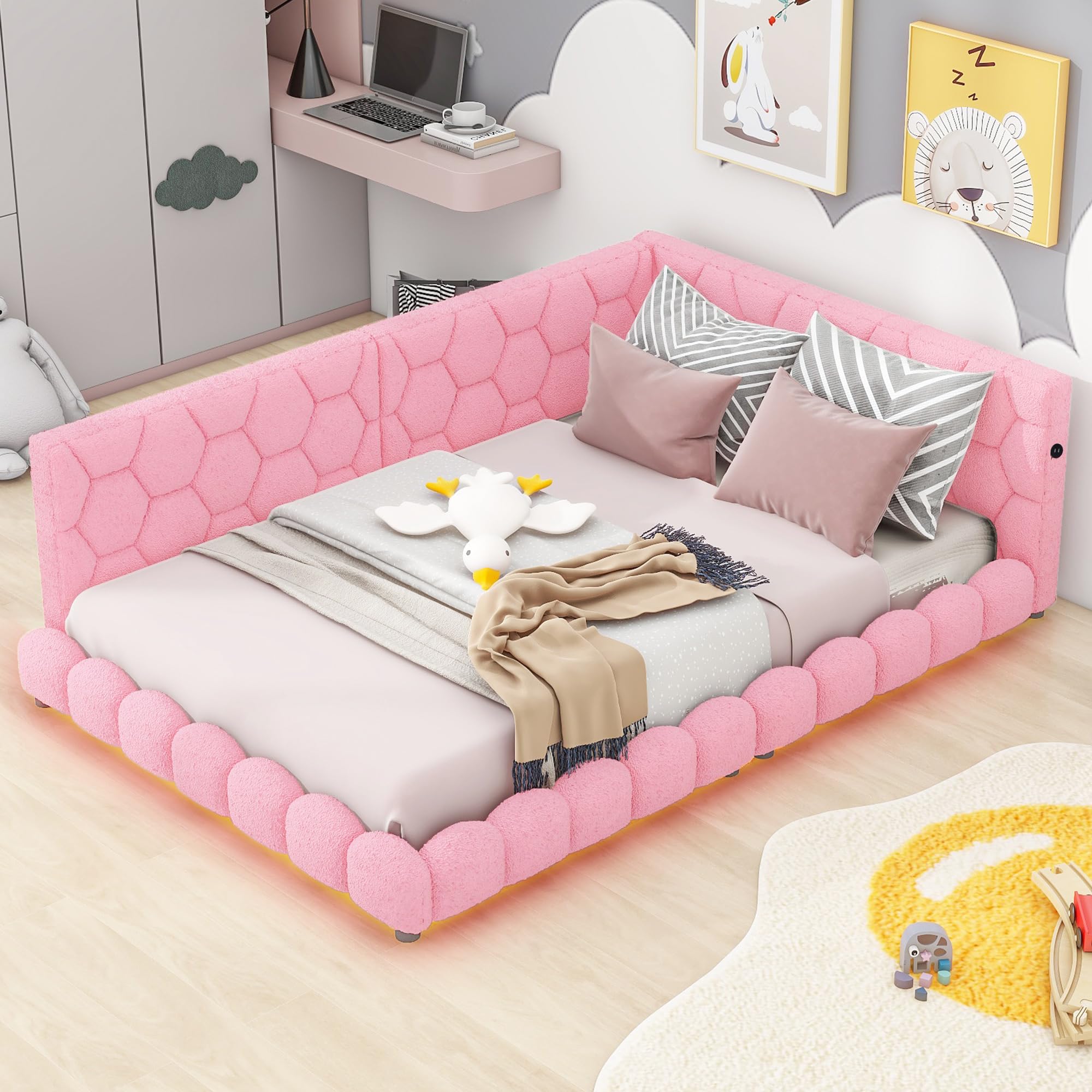 QVUUOU Upholstered Platform Bed Daybed with USB Ports and LED Lights Belt, Full Size Wood Bed Frame for Bedroom Furniture, Teddy Upholstered Bed Multifunctional Bed Floor Bed Grounded Bed (Pink)