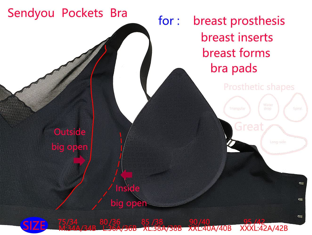 Sendyou SY17 Pockets Bra with Big Open for Mastectomy Prosthesis Inserts Breast Forms Bra Pads Artificial Boobs Black