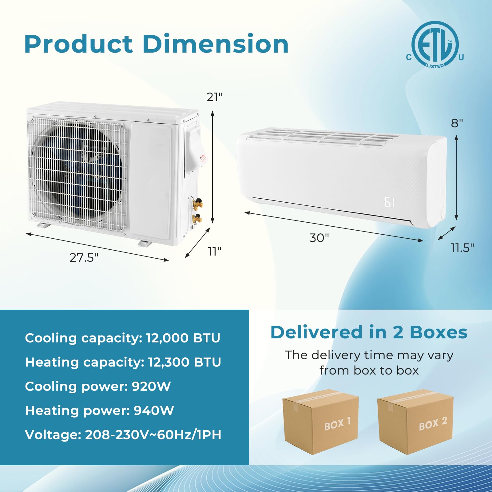 PETSITE 12,000 BTU Mini Split AC/Heating System, 21 SEER2 Ductless Inverter with Pre-Charged Heat Pump, Mini Split with Remote Control & Full Installation Kit (12000BTU, 208-230V, 21 SEER2)