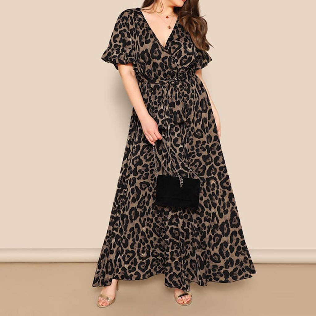Women Leopard Maxi Dress Plus Size Wrap Deep V Neck Long Dress High Waisted Belt Ruffle Swing Dress