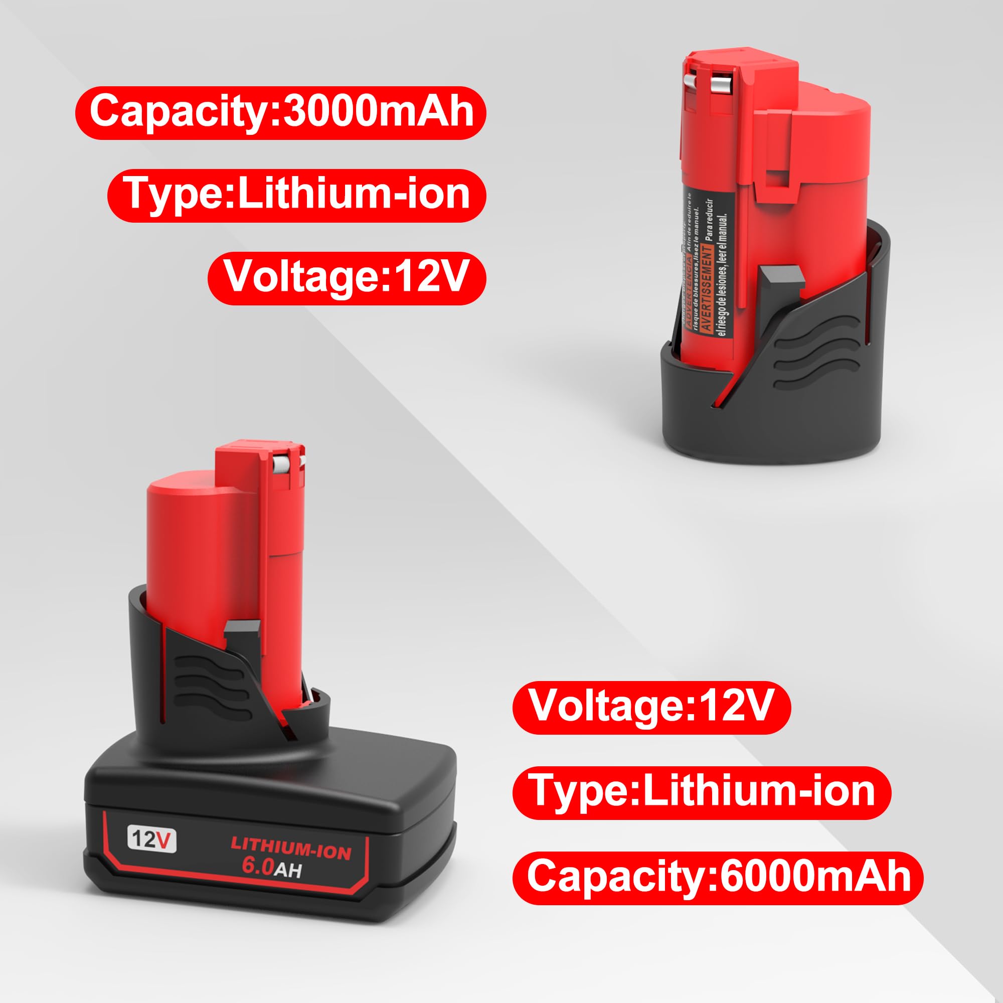 WORTHMAH Replacement for Milwaukee M12 Lithium-ion Battery 2 Packs 6.0Ah and 3.0Ah, for 48-11-2460 48-11-2440 Compatible with Milwaukee 12 Volt Cordless Tools