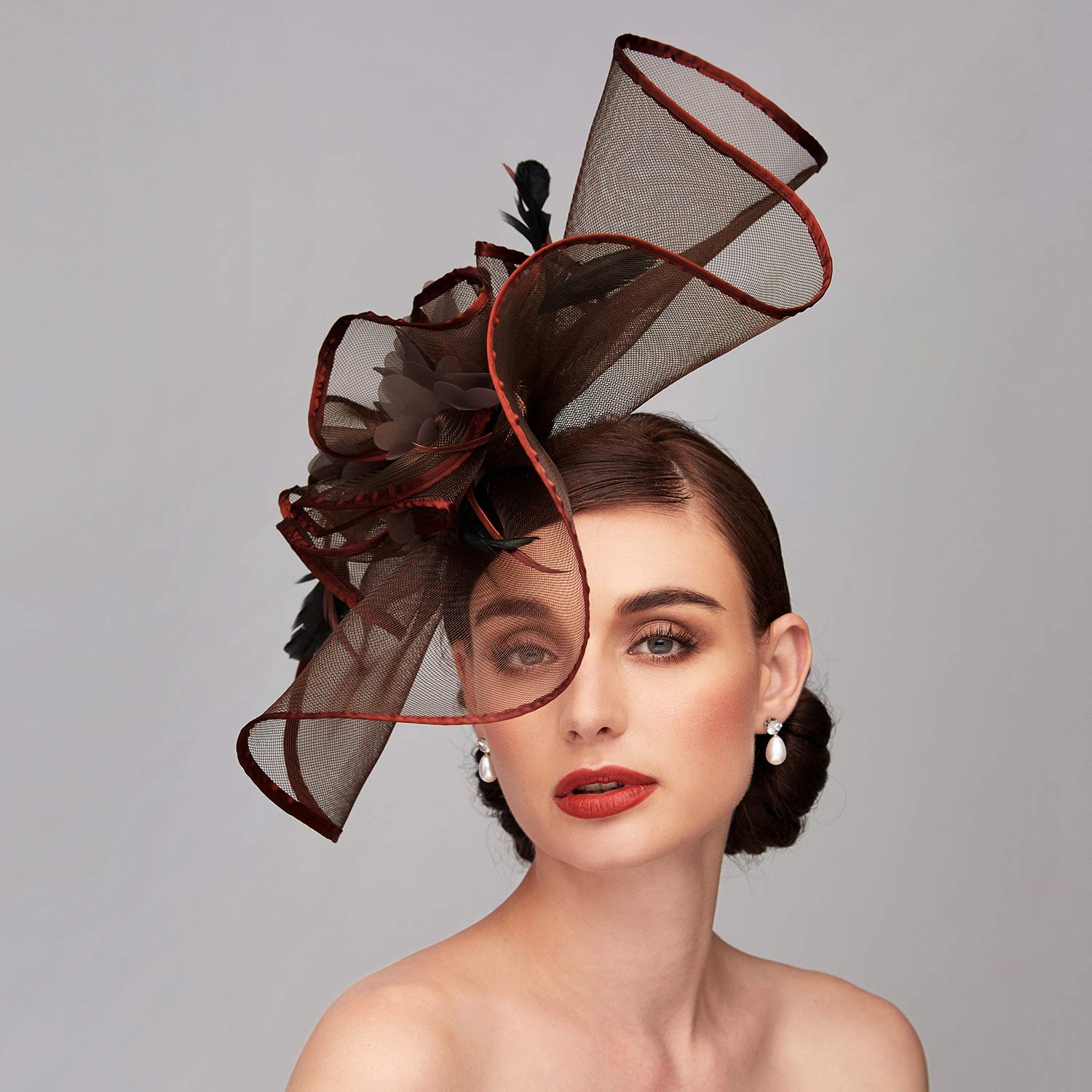 TS Fascinators Hat with Mesh Feather Hair Clip Tea Party for Wedding Cocktail Party or Special Occasion(Coffee)