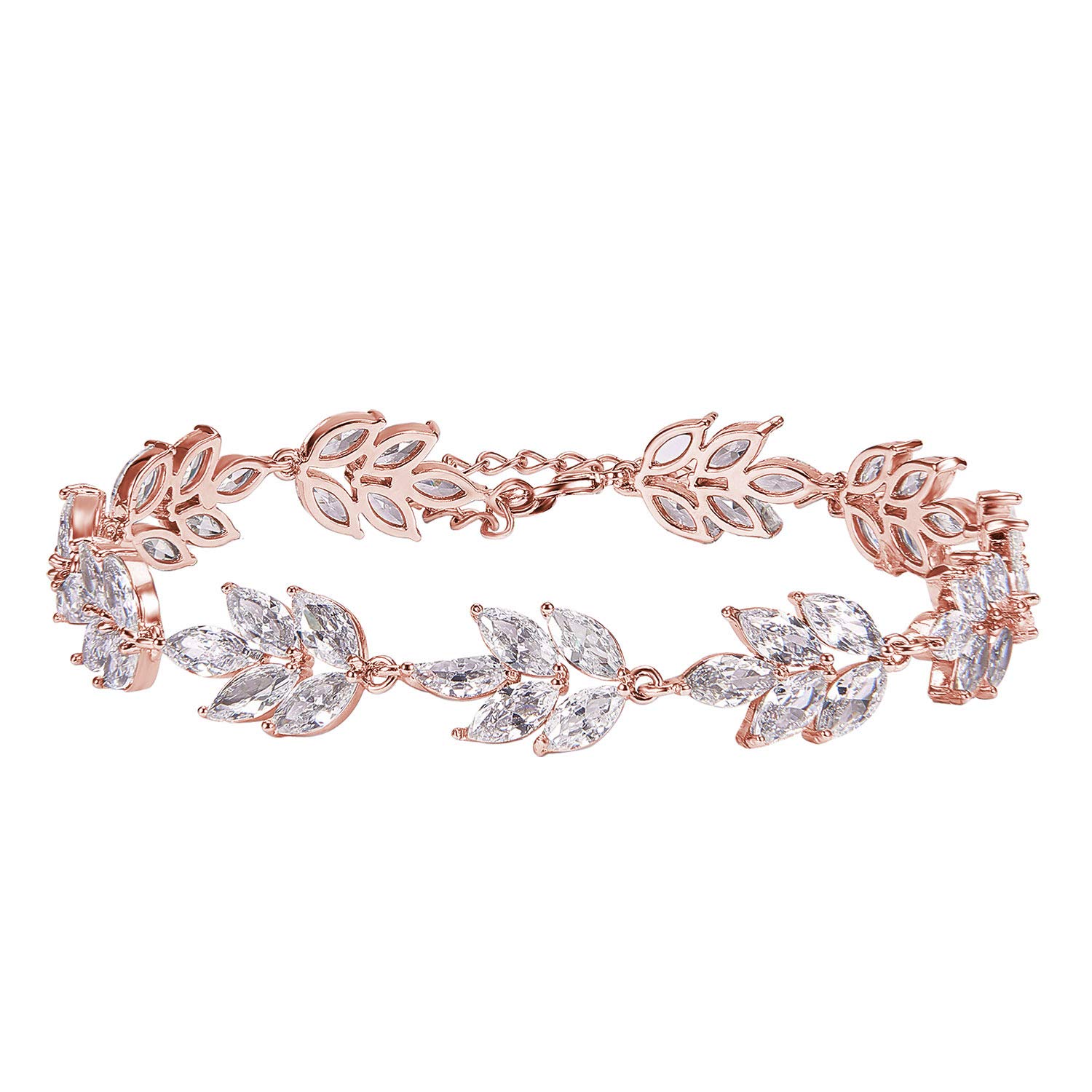SWEETV Rose Gold Bracelet Wedding Bridal for Brides,Bridesmaid-Crystal Cubic Zirconia Bracelet Leaf Vine Vintage Style