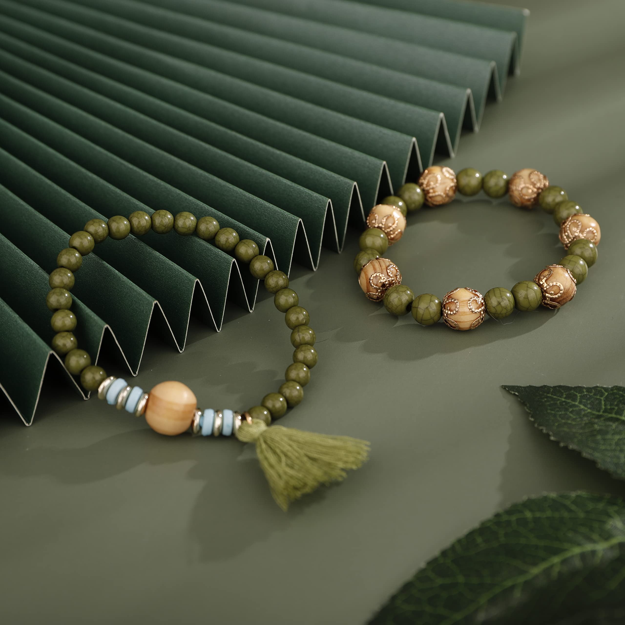 YERTTER 4pcs Bohemian Layered Beaded Tree of Life Pendant Tassel Stretch Stackable Strand Bracelet Beads bracelet Statement Gift for Women Girls(Dark Green)