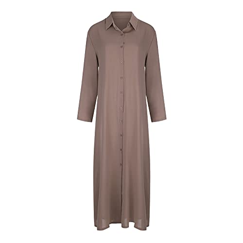 Women Maxi Dress Cotton Linen Loose Button Down Shirt Dress Turn-Down Neck Pockets Solid Color Long Dress