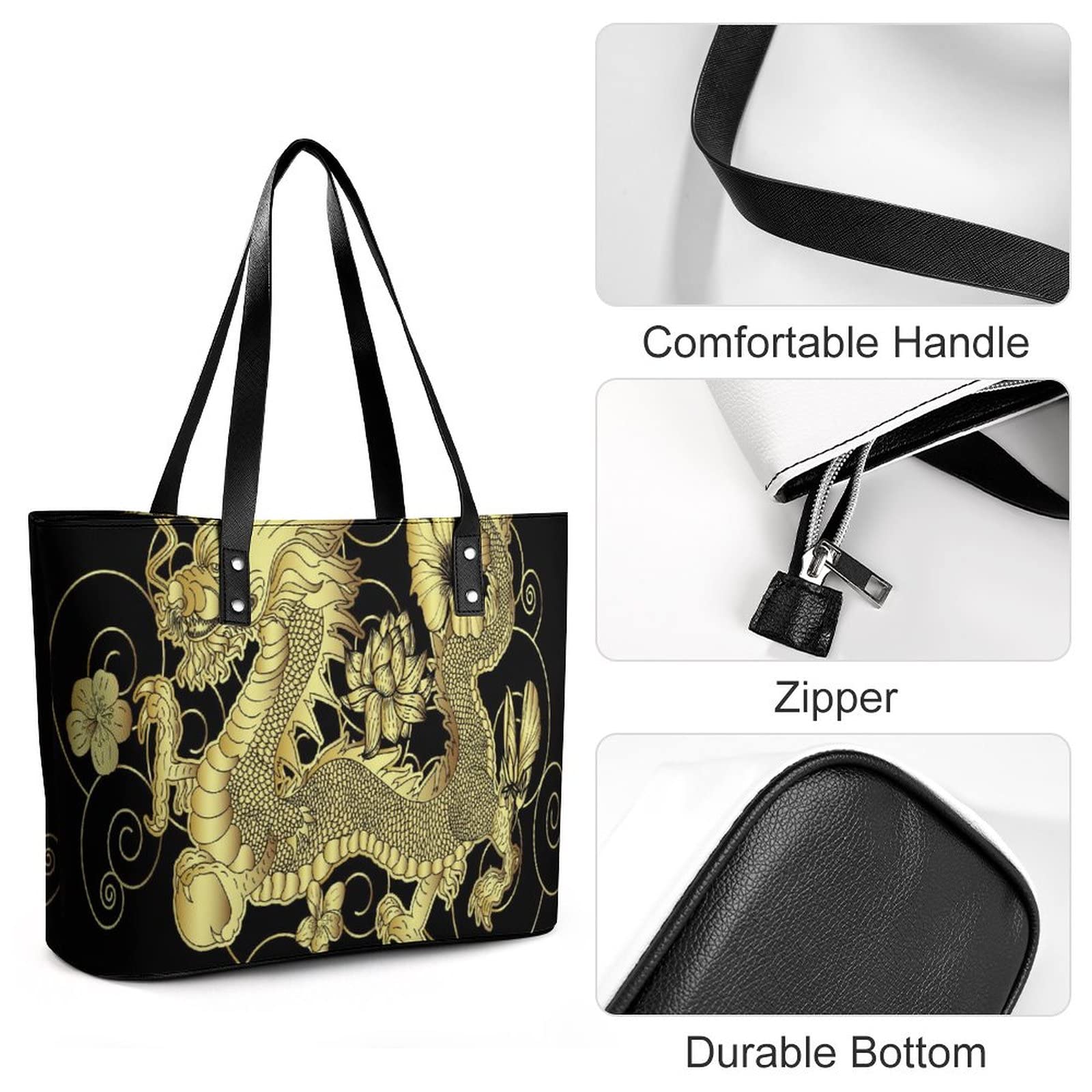 Womens Handbag Golden Dragon Leather Tote Bag Top Handle Satchel Bags For Lady