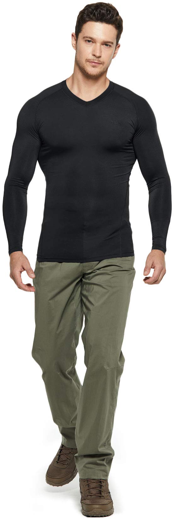 TSLA Men's Tactical V-Neck Long Sleeve Compression Shirts, Cool Dry Athletic Workout Shirt, Active Base Layer T-Shirts, V Neck Black, Medium