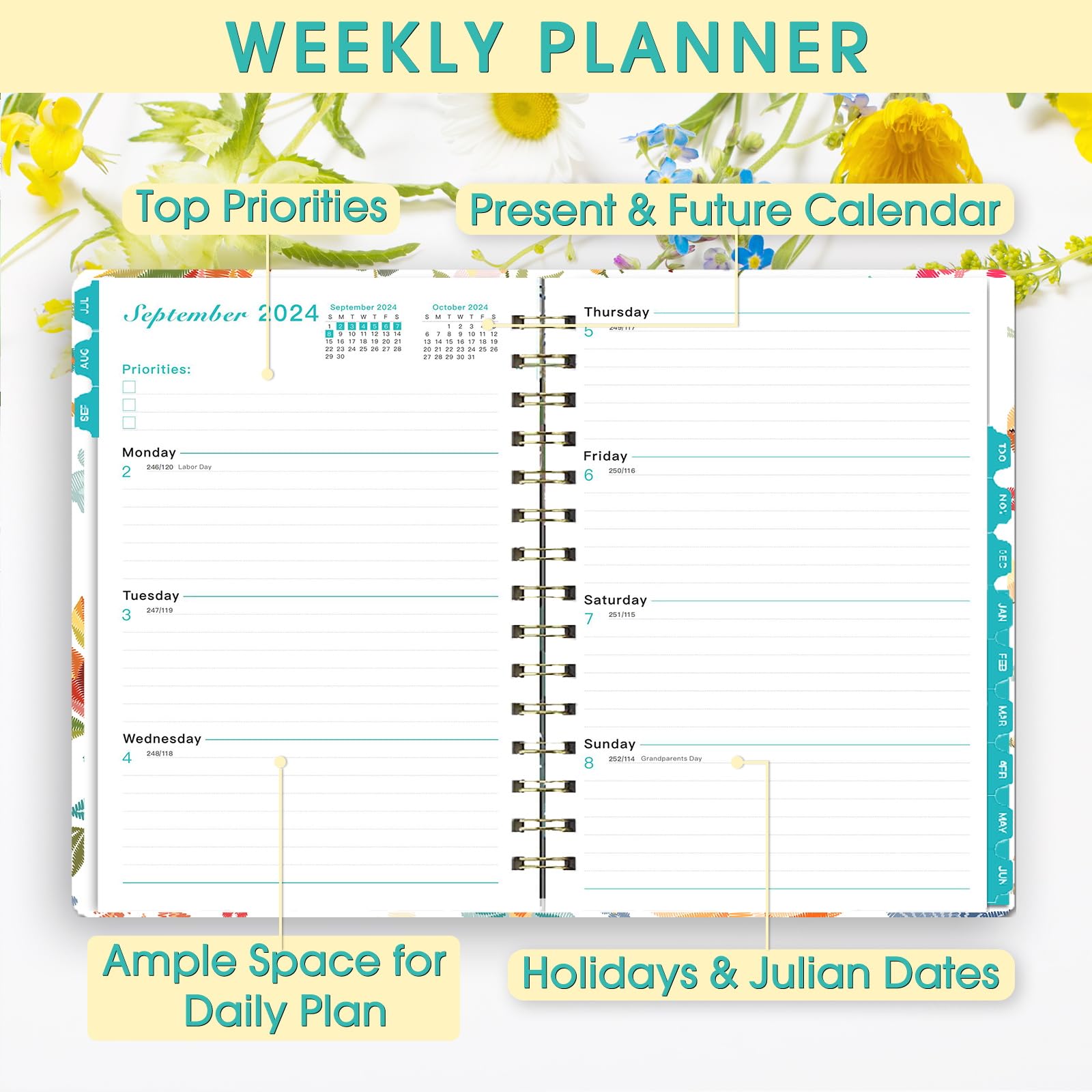Ymumuda 2024-2025 Planner, 12-Month Daily Weekly Monthly Planner from JUL.2024 to JUN.2025, 8.4" X 6", Spiral Planner Notebook with Stickers, Elastic Closure, Inner Pocket, Colorful Embroidery