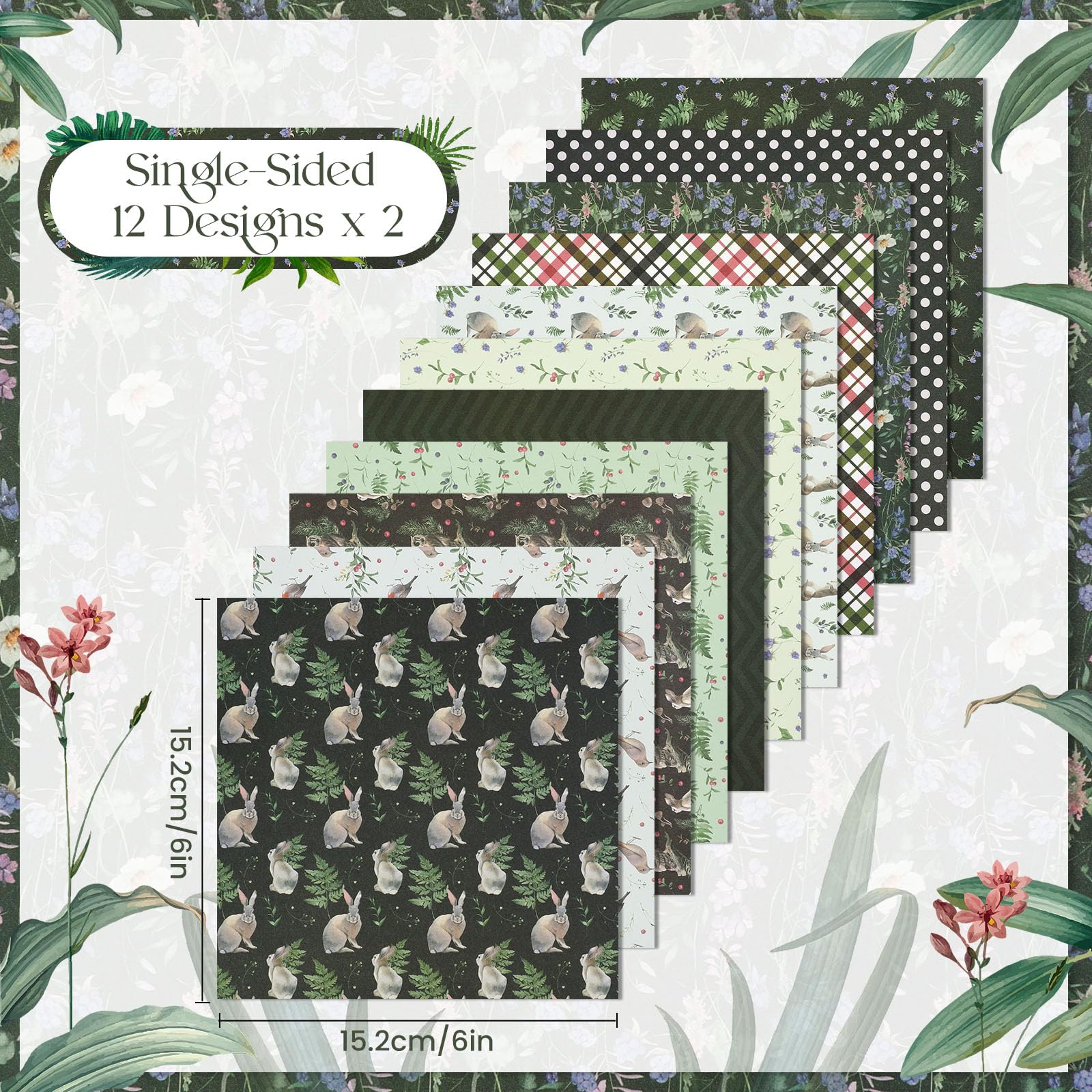 PUIKSXER 24 Sheets Forest Themed Scrapbook Paper, 6 x 6 Inches Animals Green Leaves Dots Pattern Paper Single-Sided Decorative Cardstock for Junk Journal Card Making Background Paper