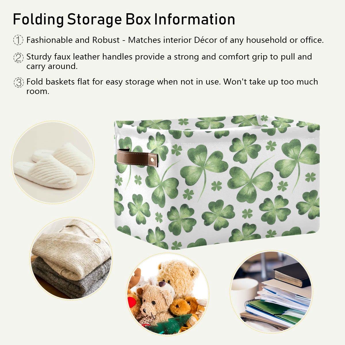 St. Patrick's Day Clover Shamrock Storage Basket Fabric Laundry Baskets Happy Patricks Day Accessories Storage Boxes Organizer Bag for Baby Cloth Dog Toy Book Storage Cubes Shelf Closet Bins 16×12×8