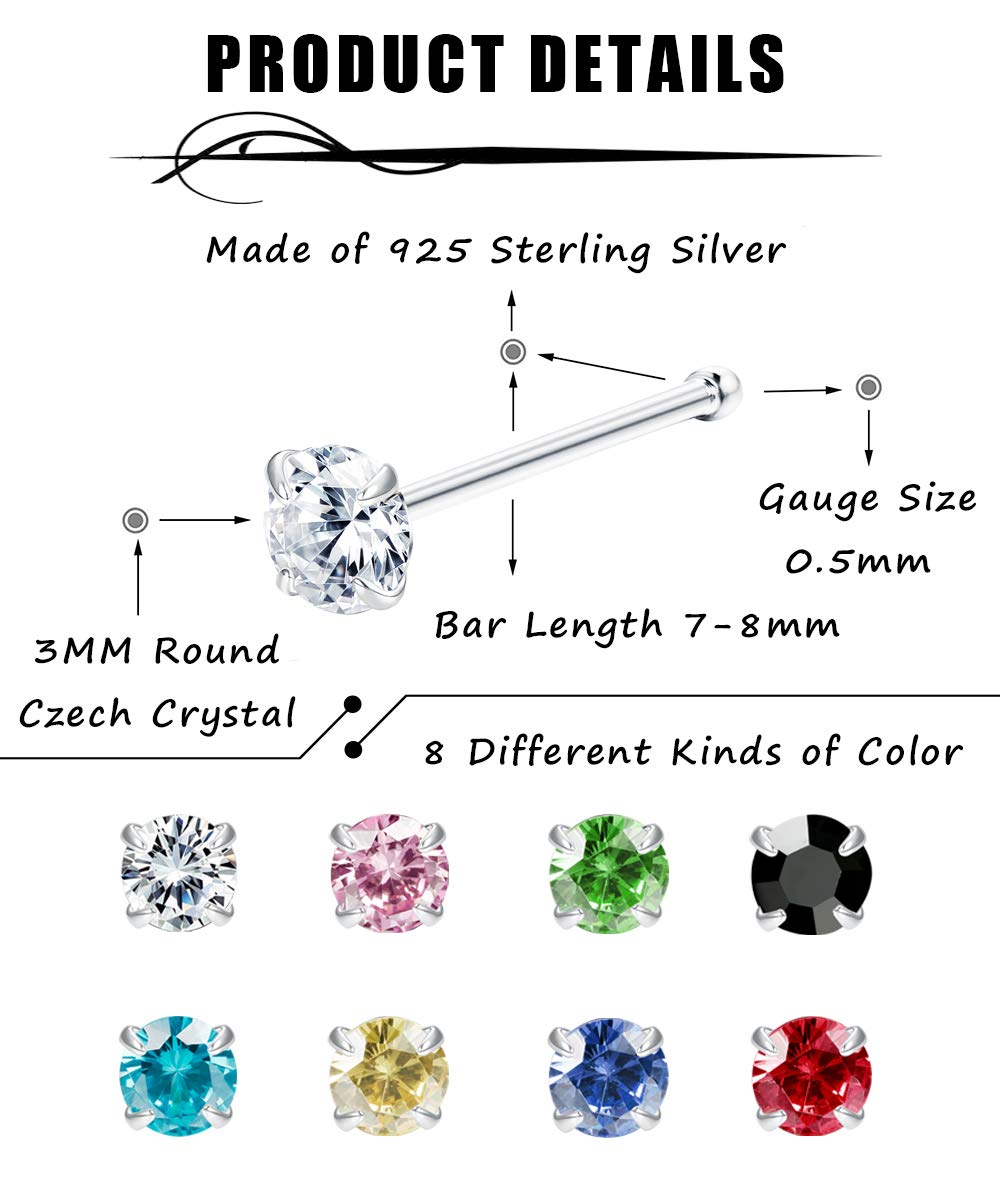 Sllaiss 8Pcs 22G Sterling Silver Nose Rings Studs Pin for Women Men 3MM Mix Color Round Czech Crystal Nose Body Piercing Jewelry