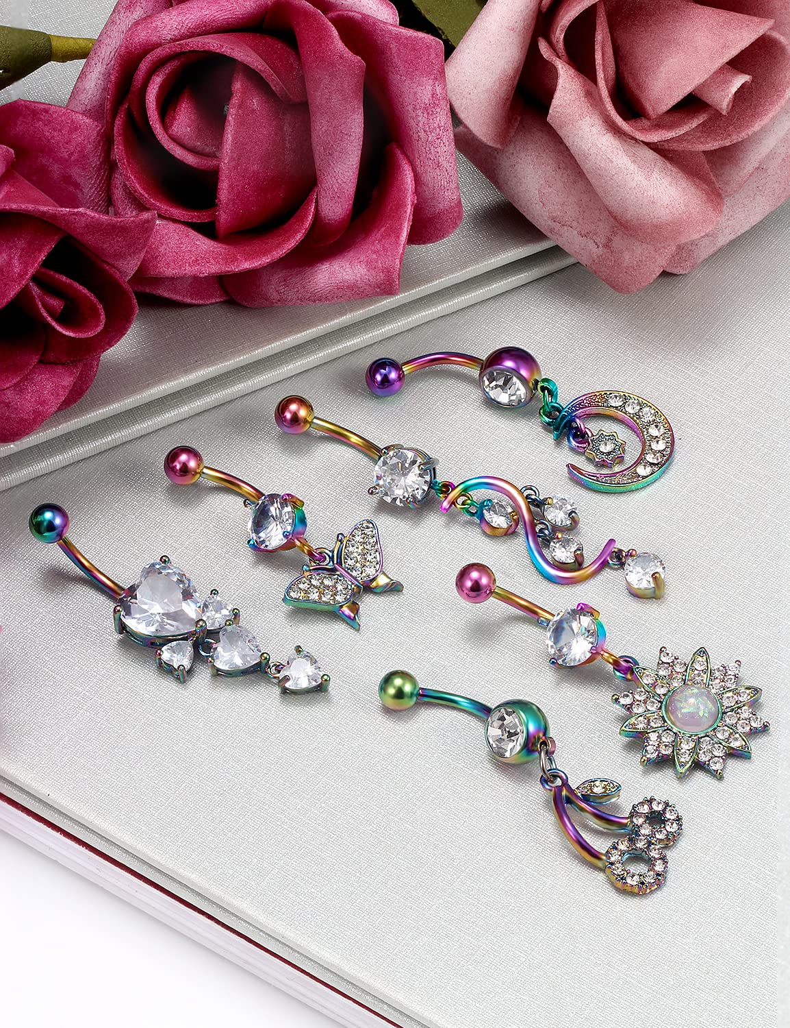 Vsnnsns 14G Belly Button Rings for Women Stainless Steel CZ Opal Long Dangle Belly Rainbow Tone B VSN0283 0