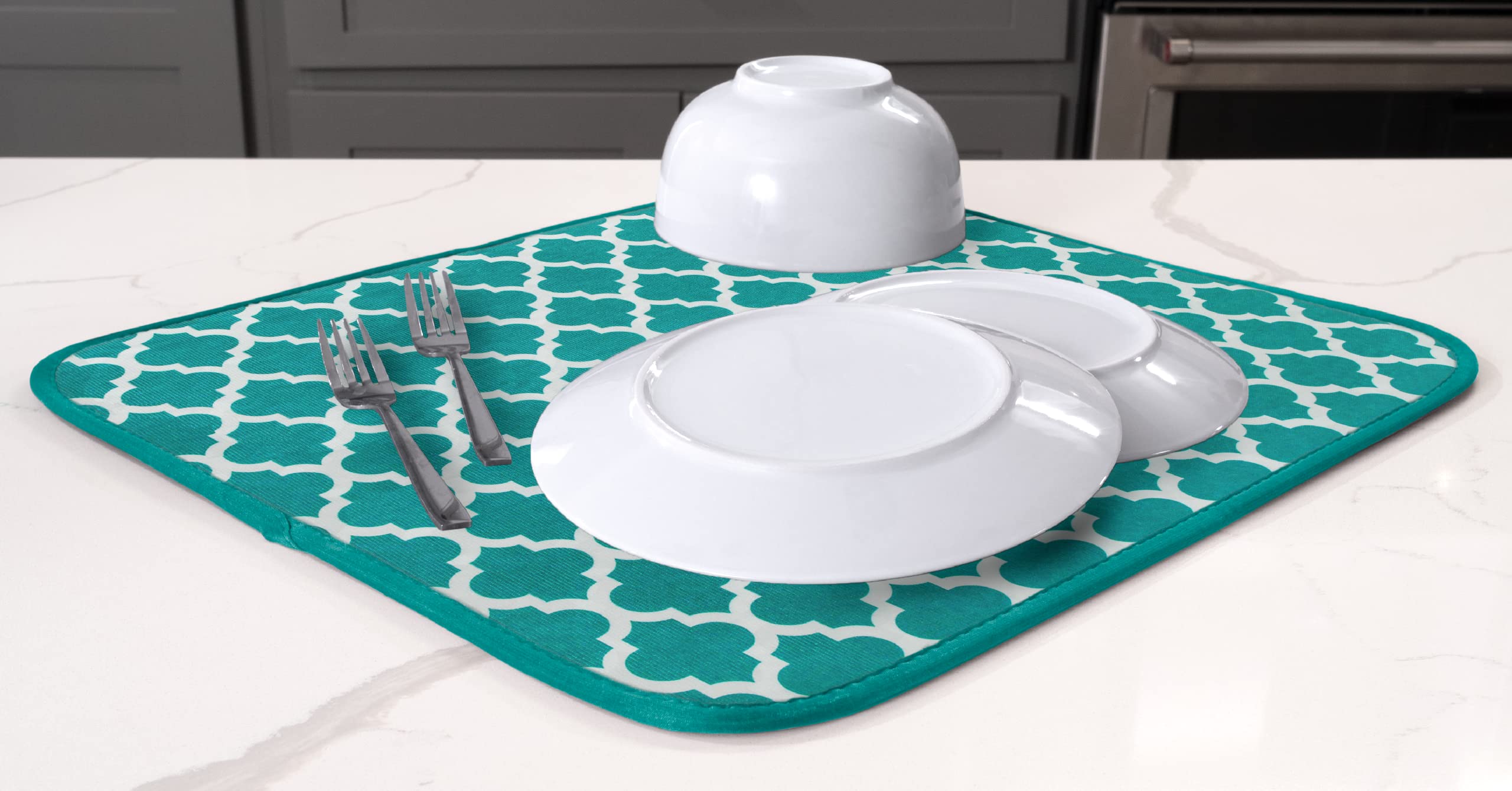 S&T INC. Dish Drying Mat for Kitchen, Absorbent, Reversible Microfiber Dish Mat, 16 Inch x 18 Inch, Teal Trellis