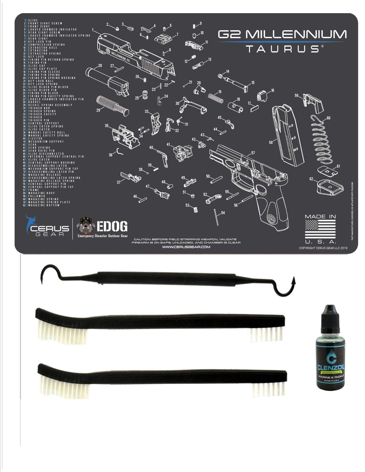 Taurus G2 5 PC EDOG Cerus Gear Schematic (Exploded View) Heavy Duty Pistol Cleaning 12x17 Padded Gun-Work Surface Protector Mat Solvent & Oil Resistant & 3 PC Cleaning Essentials & Clenzoil