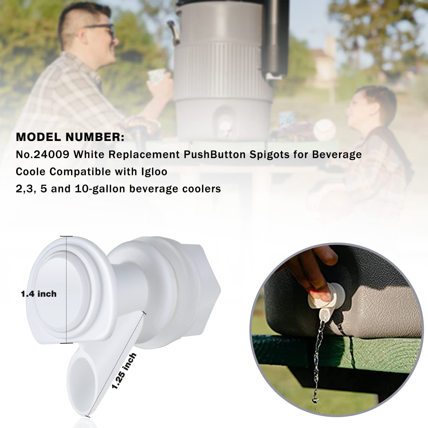 Upgrade Push-Button Cooler Spigot Replacement, Compatible with Igloo 2, 3, 5 and 10 Gallon Beverage Coolers, Durable Water Cooler Spigot for 2-10 Gallon Water Jugs Replacement Part (White-3PC)