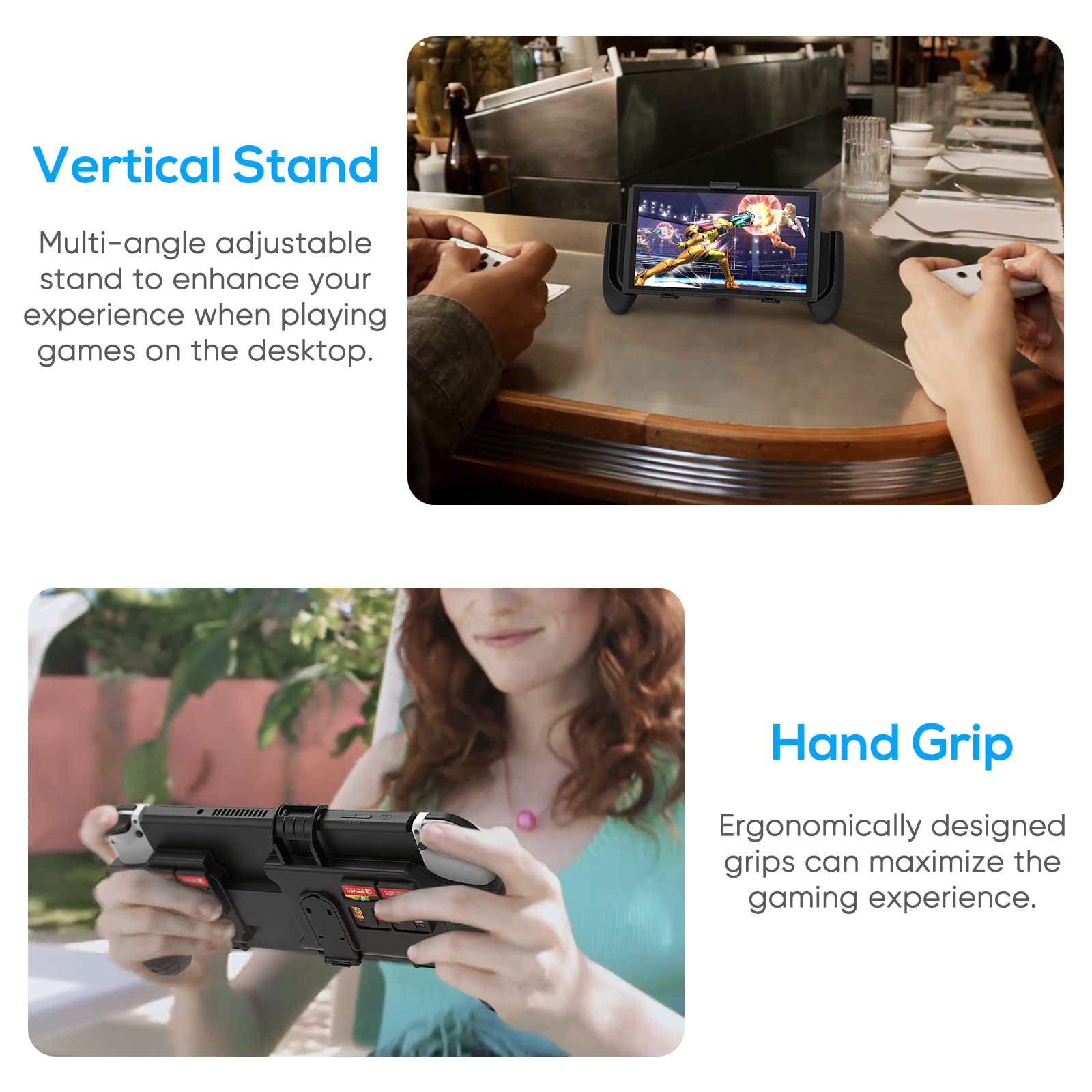 Universal Handheld Grip Case for Switch OLED, YUANHOT 3-in-1 Upgraded Ergonomic Grip Handle Holder with Adjustable Stand and Game Slots Compatible with Switch, Switch OLED & Lite Console - Black