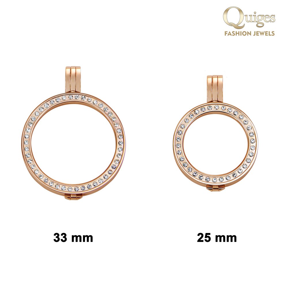 Quiges Rose Gold Plated Stainless Steel Interchangeable 33mm Coin Pendant Holder Locket Zirconia Stones