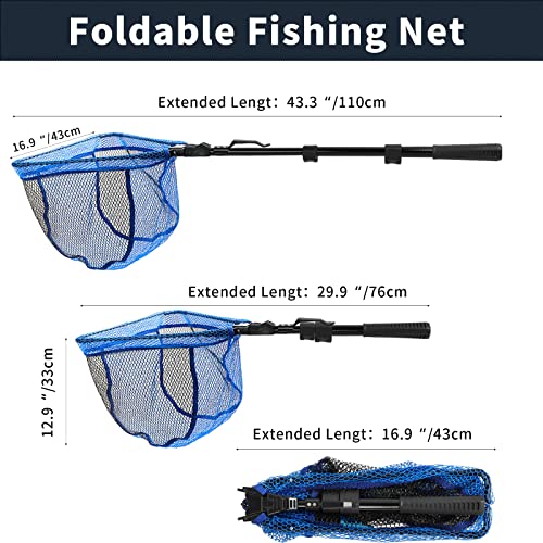 SANLIKE Fishing Landing Net Blue Extend to 43 in with Telescoping Pole Handle, Fiberglass Landing Net for Easy Catch Release,Rubber Coated Landing Net for Easy Catch Release