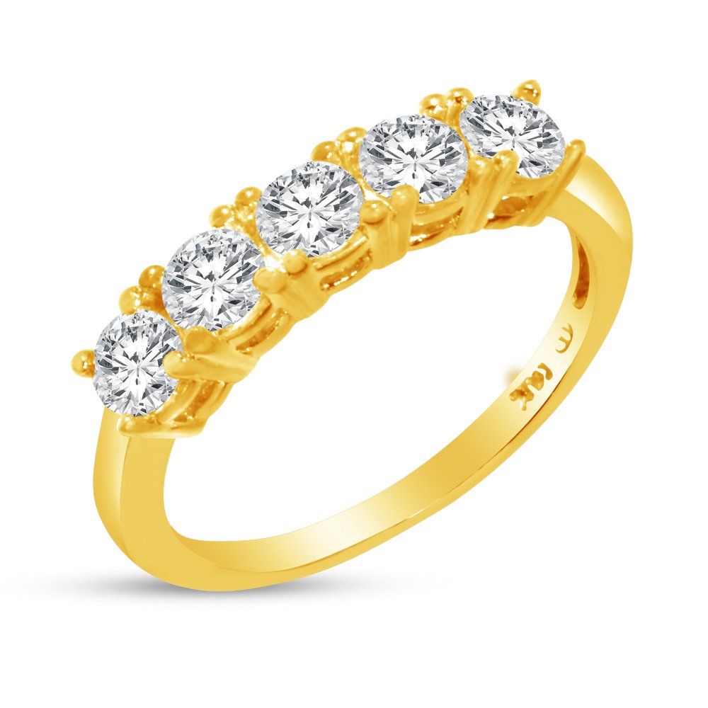 Size - 6 - Solid 14k Yellow Gold 3.5mm Round Cut Five Stone Prong Set Anniversary Ring Wedding Band CZ Cubic Zirconia 3/4 cttw.