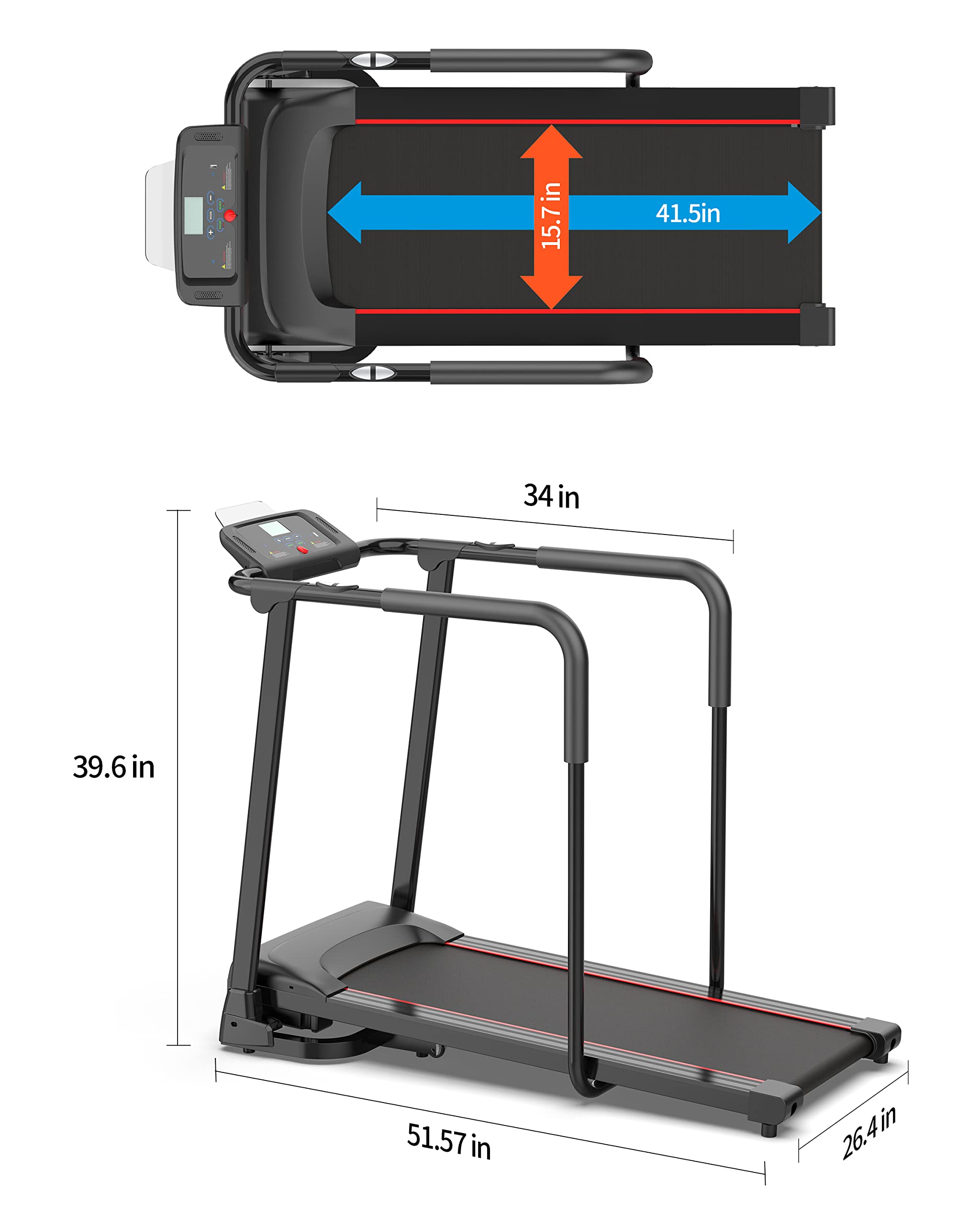 Walking Treadmill Long Handraill Recovery Fitness Foldable Machine with Low Wide Belt for Seniors Balance 265 lbs Capacity