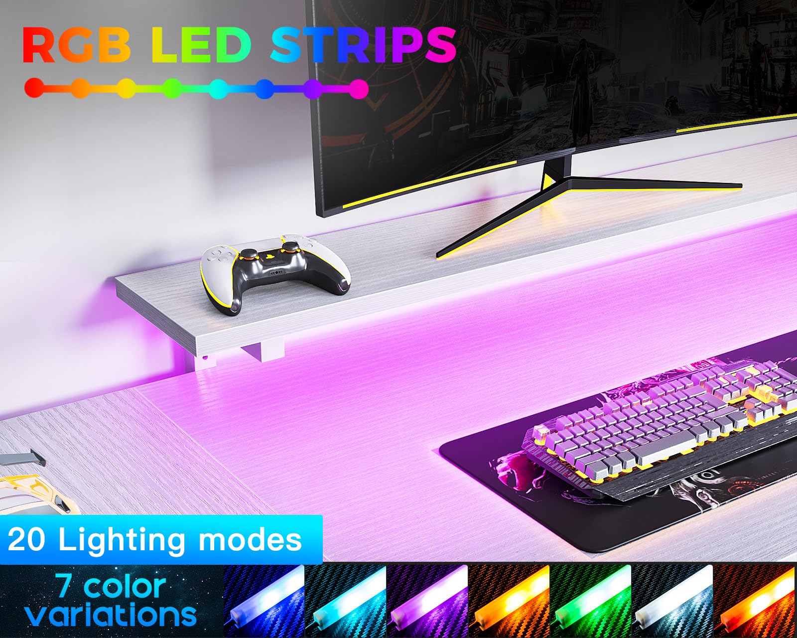 ODK U Shaped Desk with Power Outlets & LED Strip & Monitor Stand, 66" Reversible L Shaped Desk with Drawers and Storage Shelf, Home Office Gaming Desk, All White
