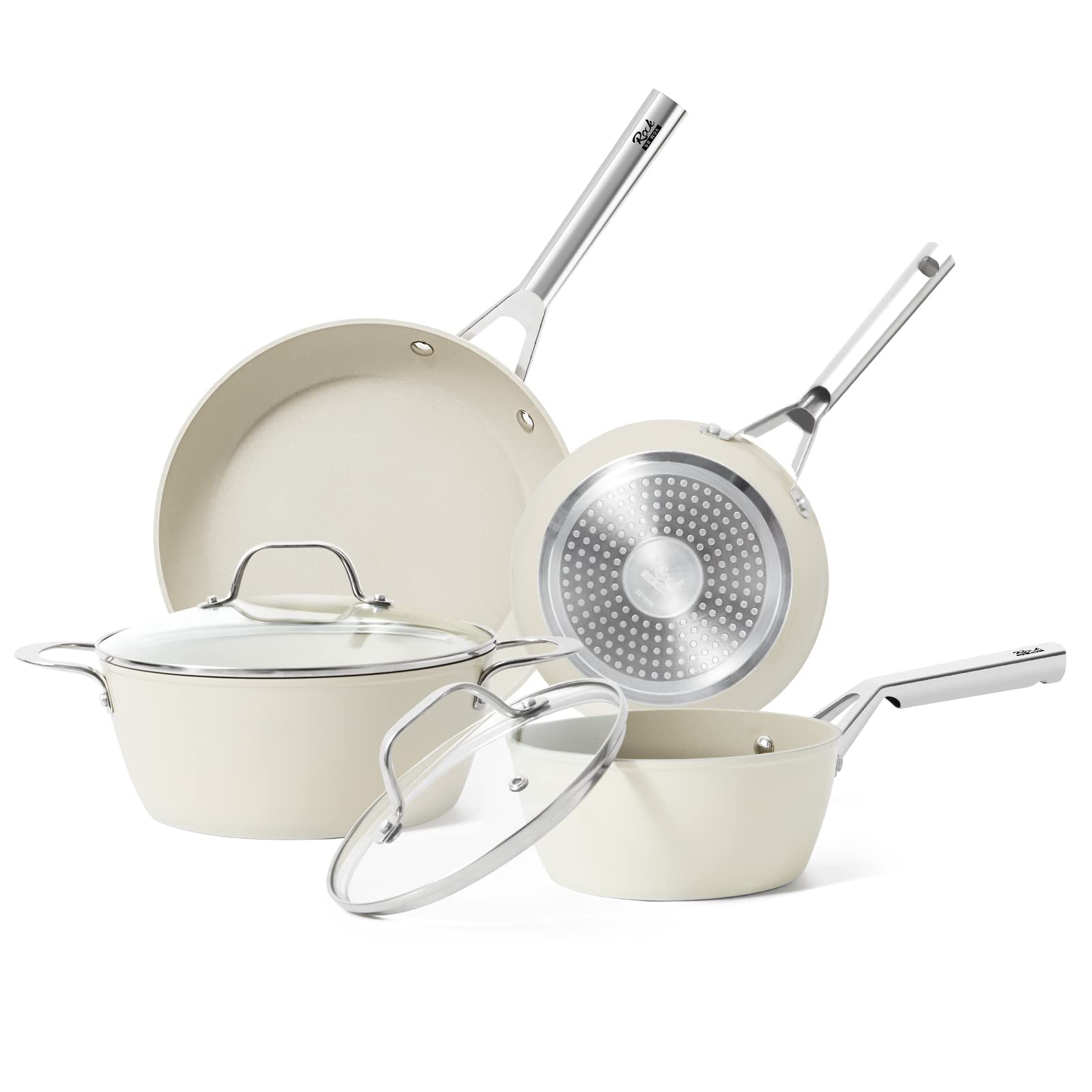Rockurwok 6 Pcs Ceramic Nonstick Cookware Set, Durable Pots and Pans Set, Inducton, Dishwasher & Ovens Safe, Free of PFAS & PTFE, White