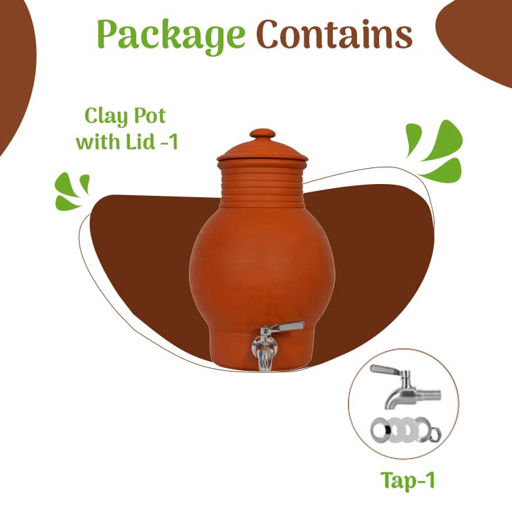 Village Decor HandMade Earthen Clay Water Pot Water Dispenser with Stainless Steel Faucet Spigot | Capacity 135 oz 4000 ml
