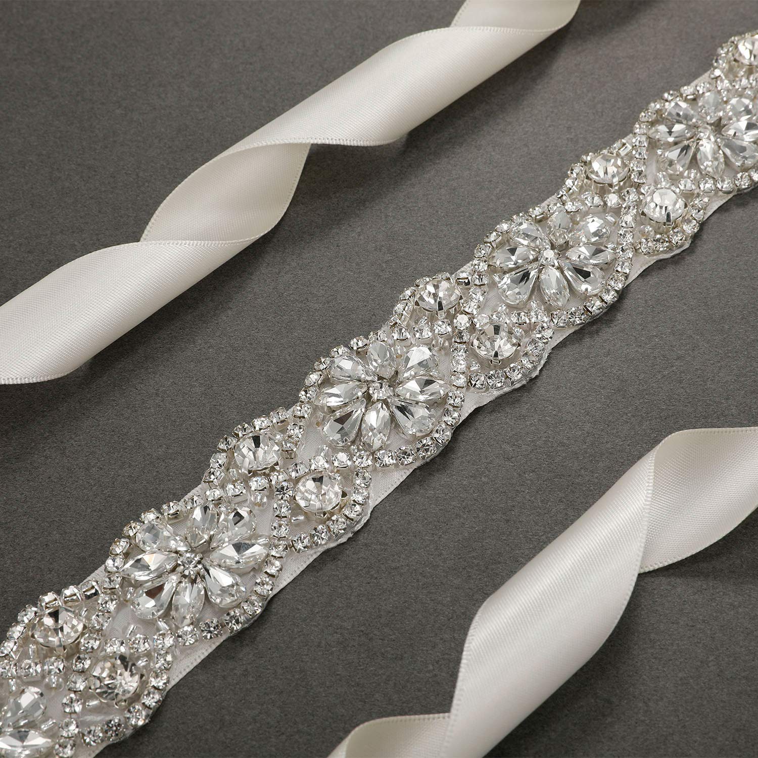 SWEETV Rhinestone Bridal Belt Wedding Dress Belt Bridesmaid Sash Crystal Applique for Evening Gown,Silver