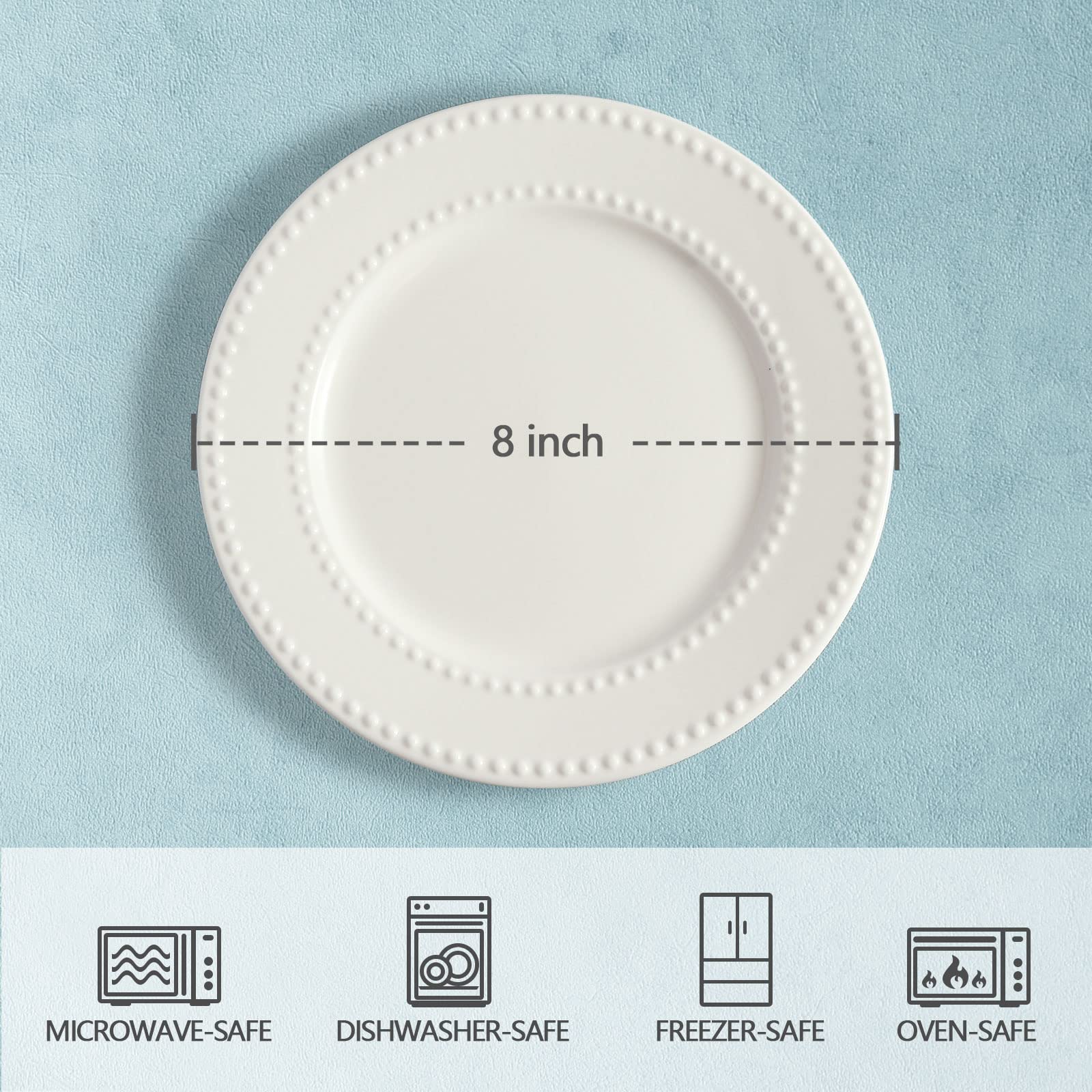 Wareland Bright White Embossed Dots Square Dessert Plates Set of 6 & 8 inch Embossed Salad Plates Set of 4