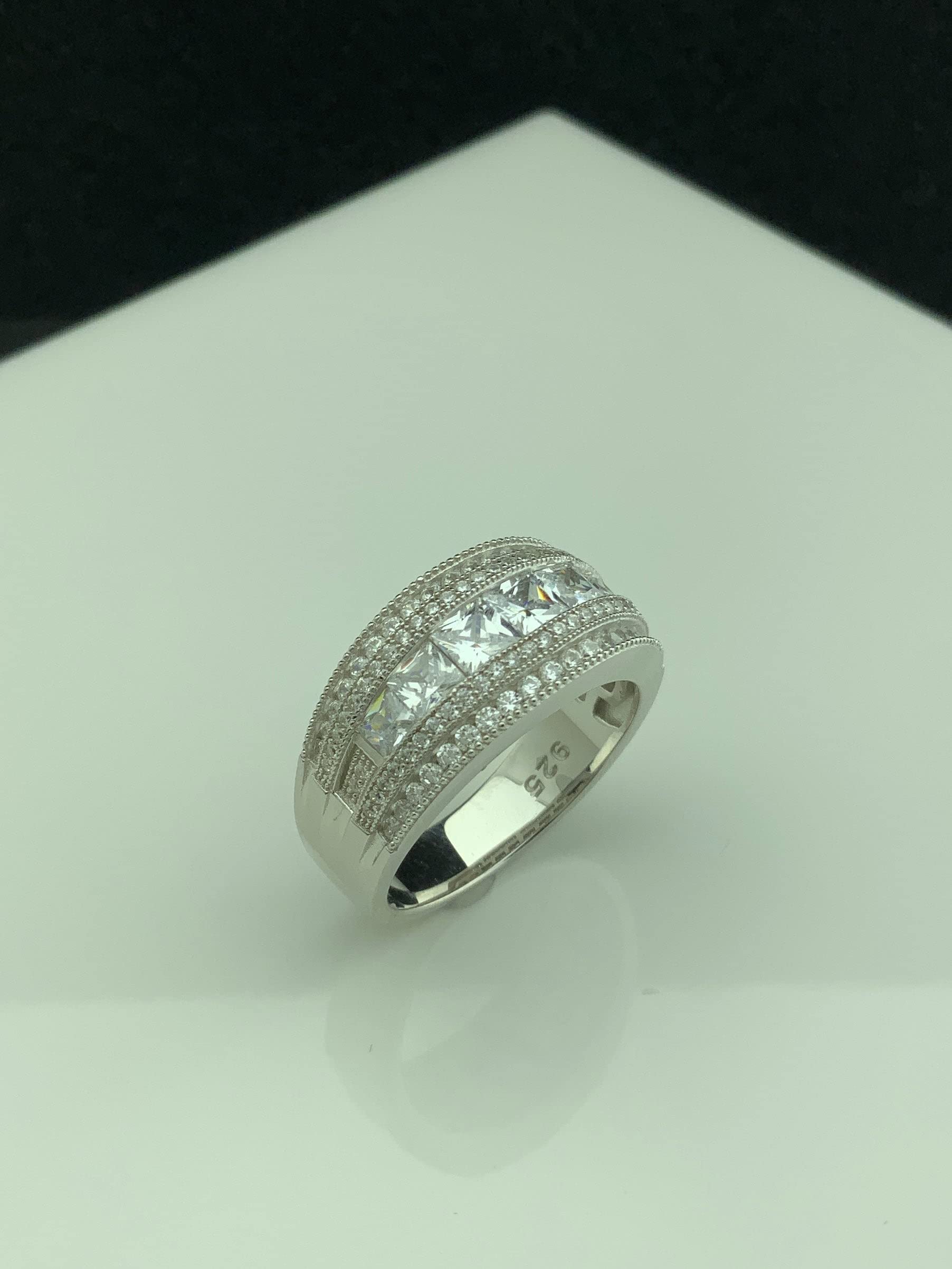 SILVERCLOSEOUT Rhodium Plated Sterling Silver Wide Square Cut Womens Cubic Zirconia Statement Ring - Size 11