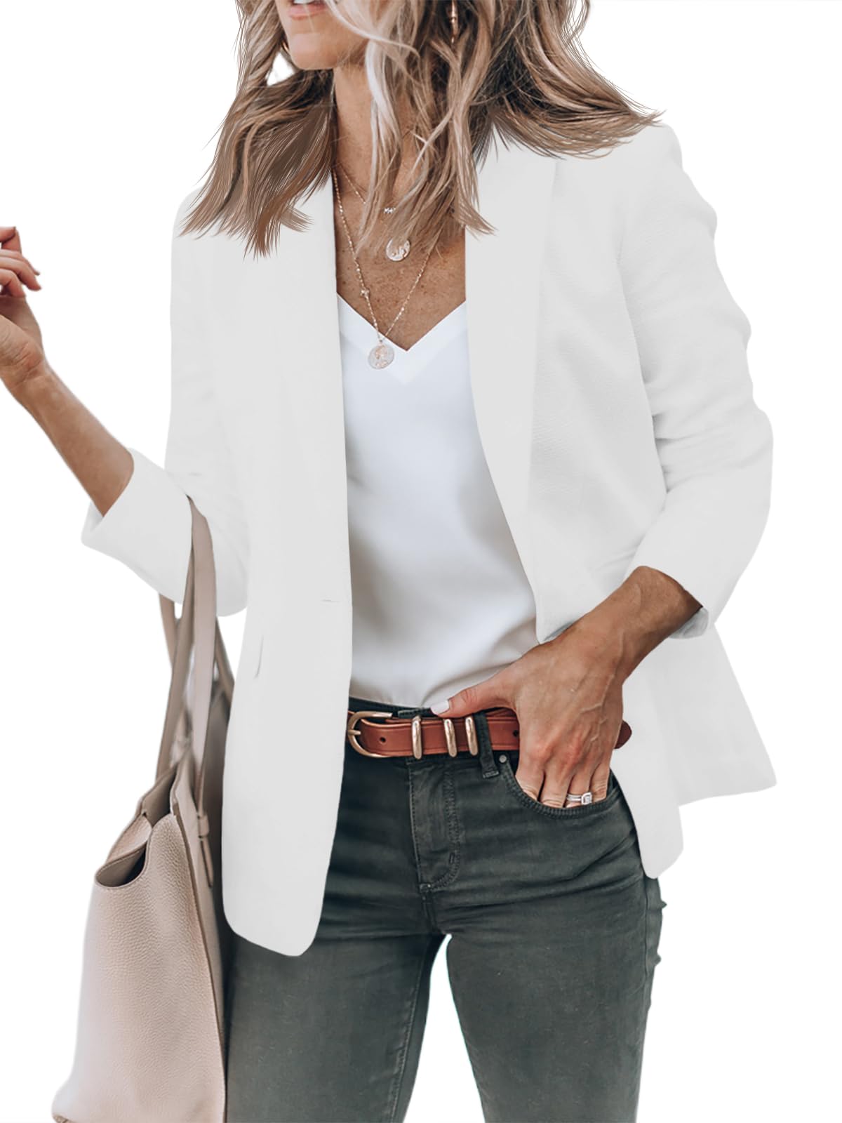 Pfvkeree Women's Casual Open Front Blazers Office Work Long Sleeve Jackets Blazer with Pockets White